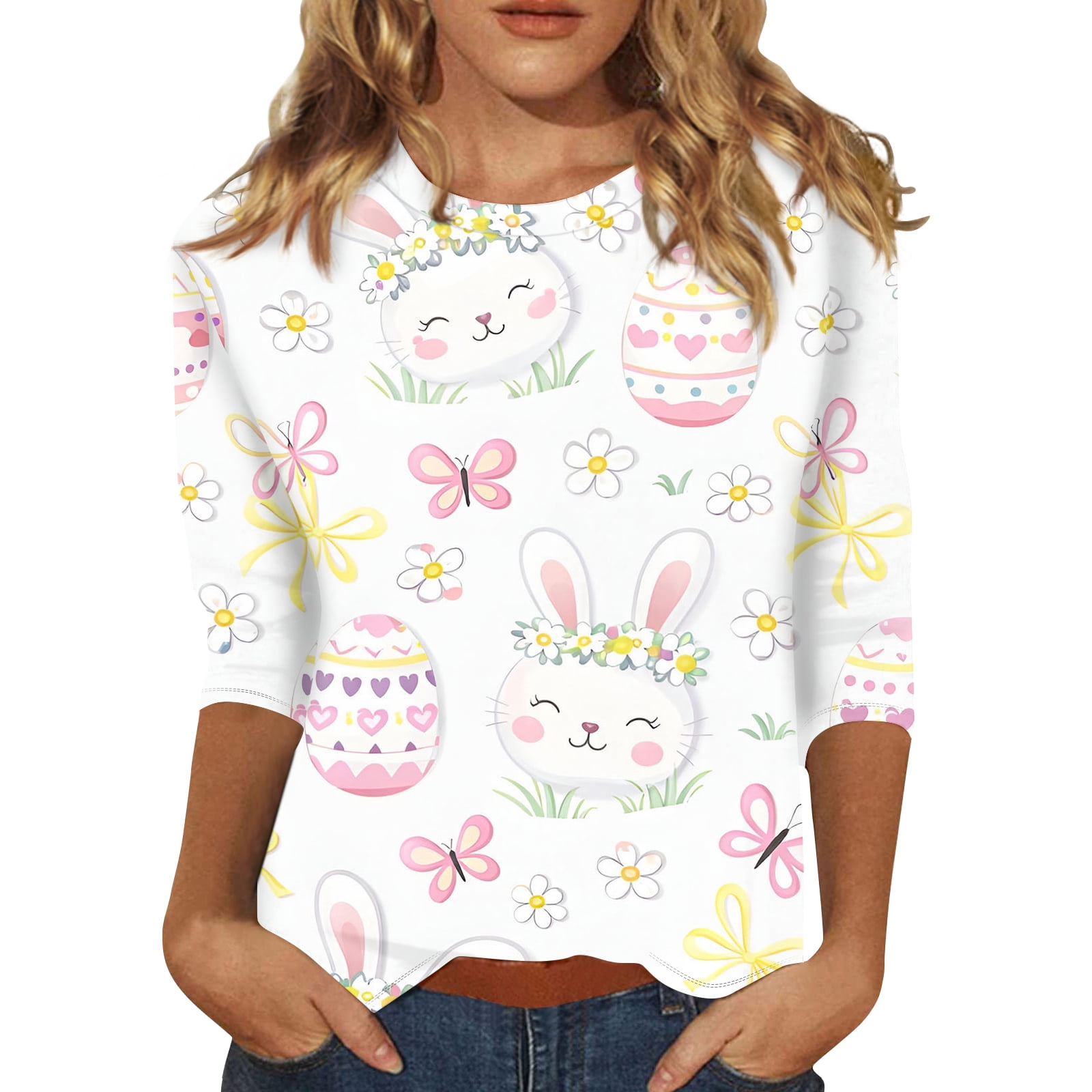 ASDFVBKG Easter Shirt Women 3/4 Length Sleeve Crew Neck Shirts Dressy ...