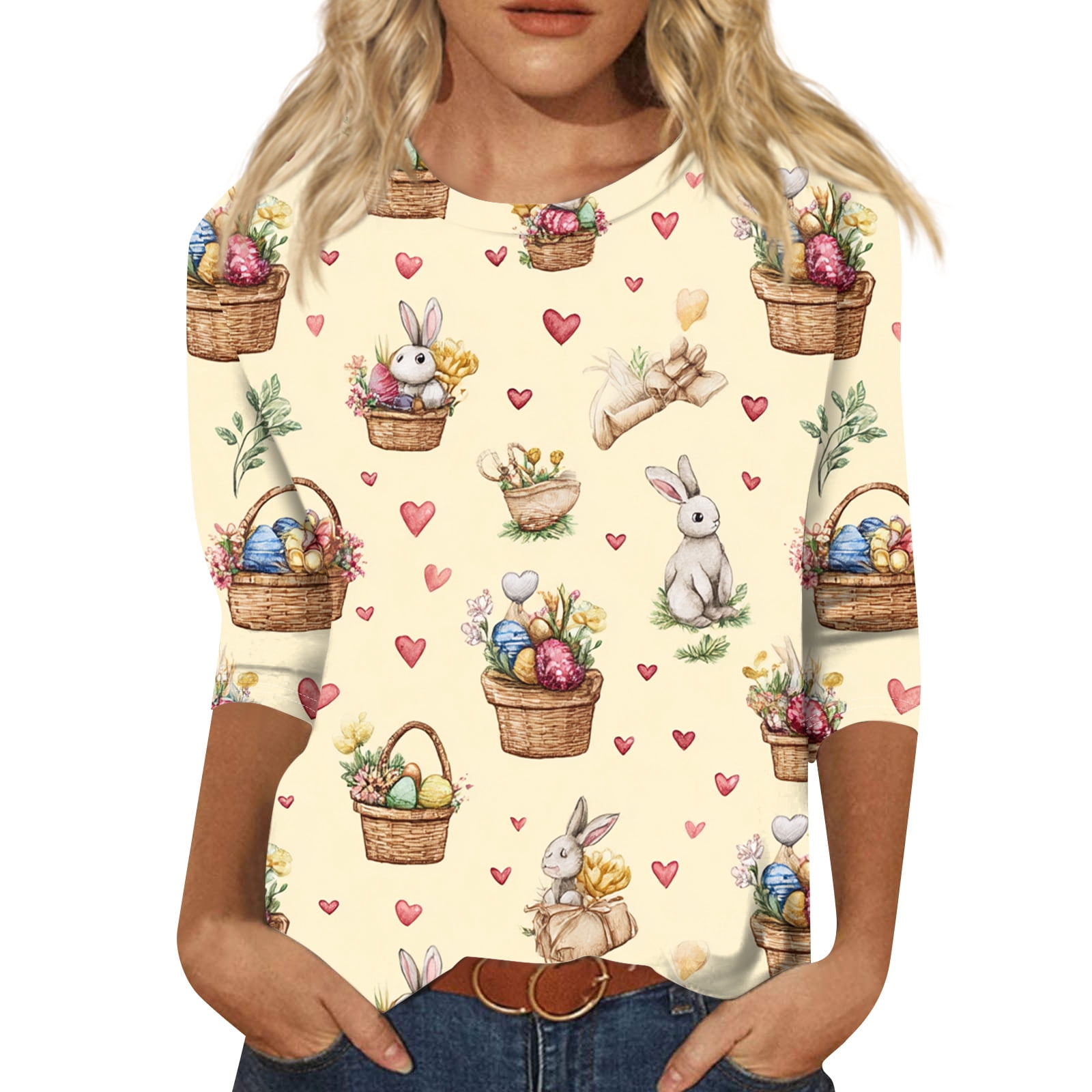 ASDFVBKG Easter Shirt Women 3/4 Length Sleeve Crew Neck Shirts Fashion ...