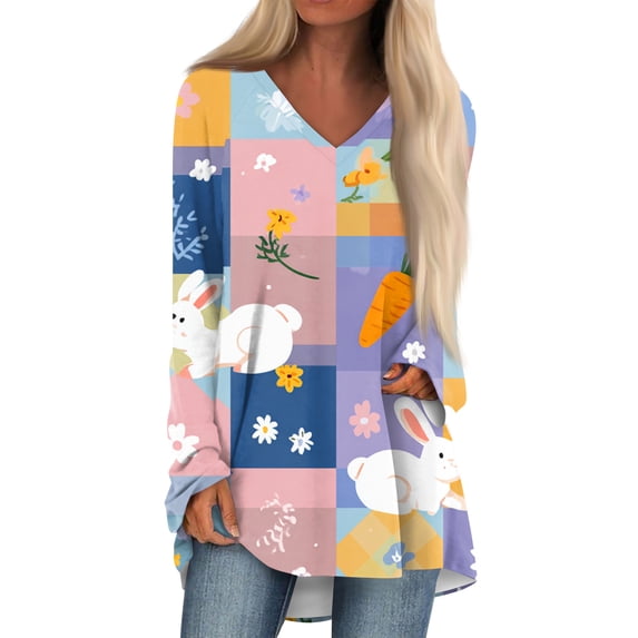 ASDFVBKG Easter Shirt Womens Long Sleeves V Neck Shirts Mid-Length Cute ...