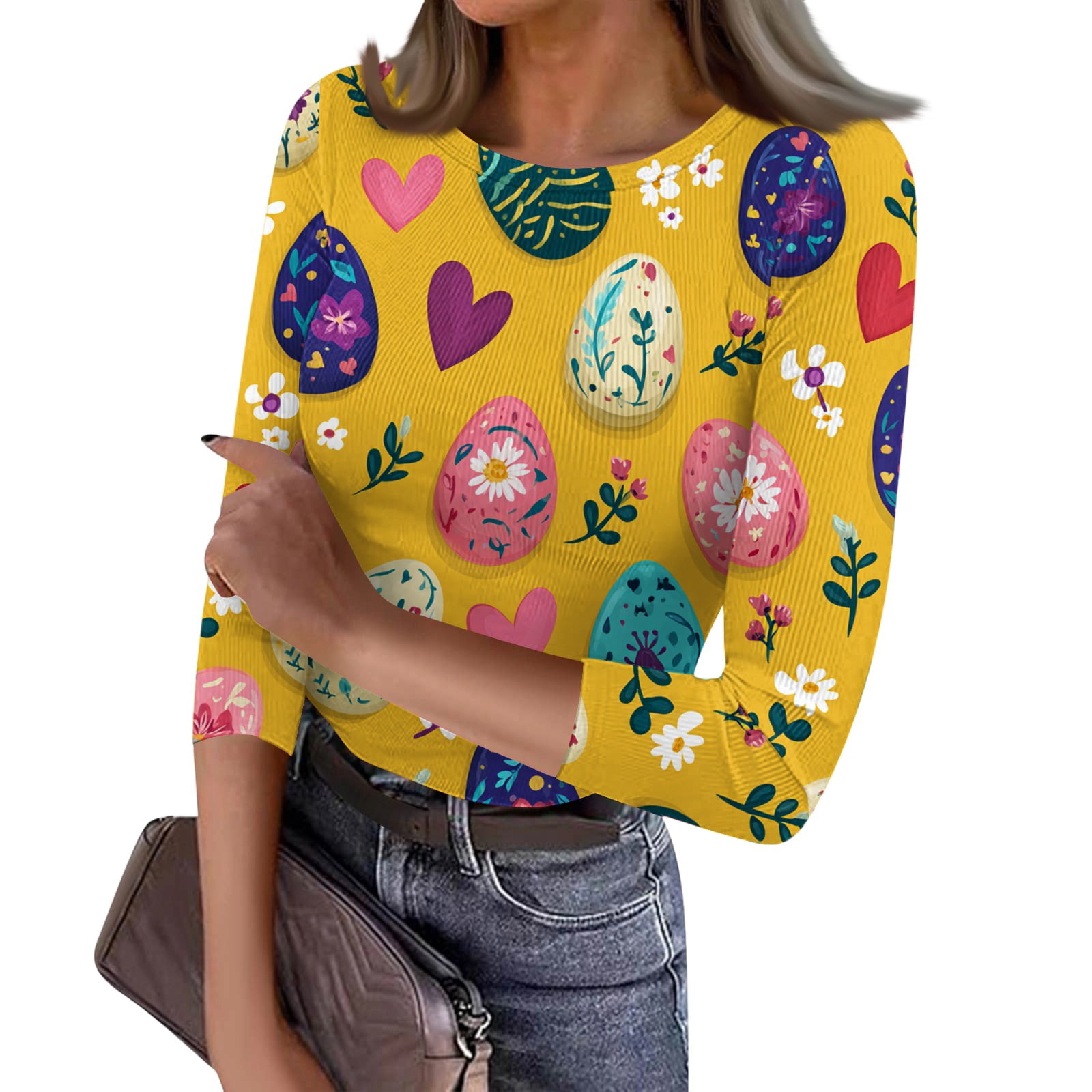 ASDFVBKG Easter Tops for Women Y2k Crewneck Basic 3/4 Sleeve Sleeve Rib ...