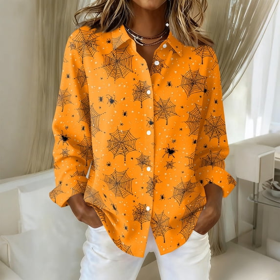 ASDFVBKG Halloween Long Sleeve Blouse for Women Button Down Halloween ...
