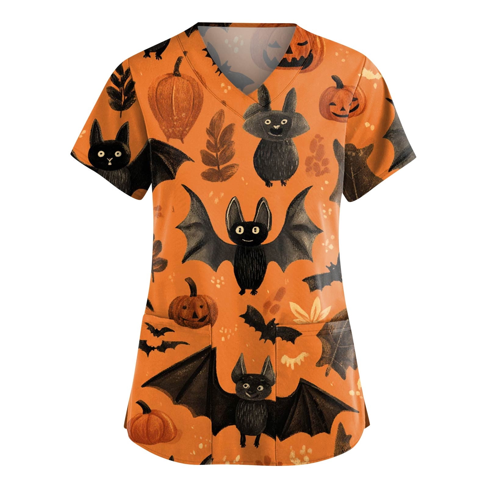 ASDFVBKG Halloween Scrub Top for Womens Pumpkin Bat Graphic Short Sleeve Top V Neck with Pocket ...