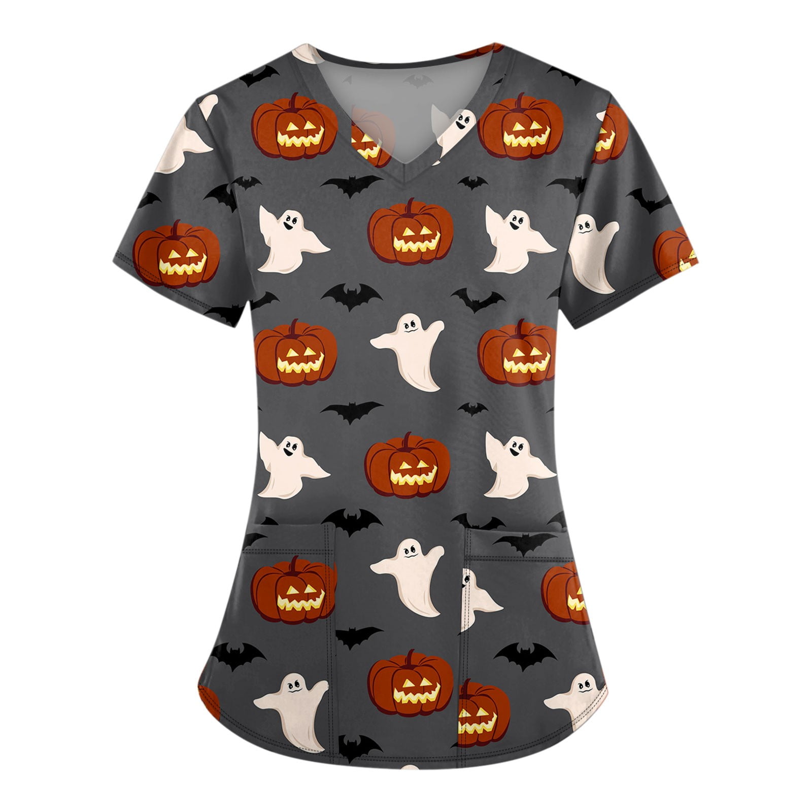 ASDFVBKG Halloween Scrub Top for Womens Pumpkin Bat Graphic Short Sleeve Tops V-Neck with Pocket ...