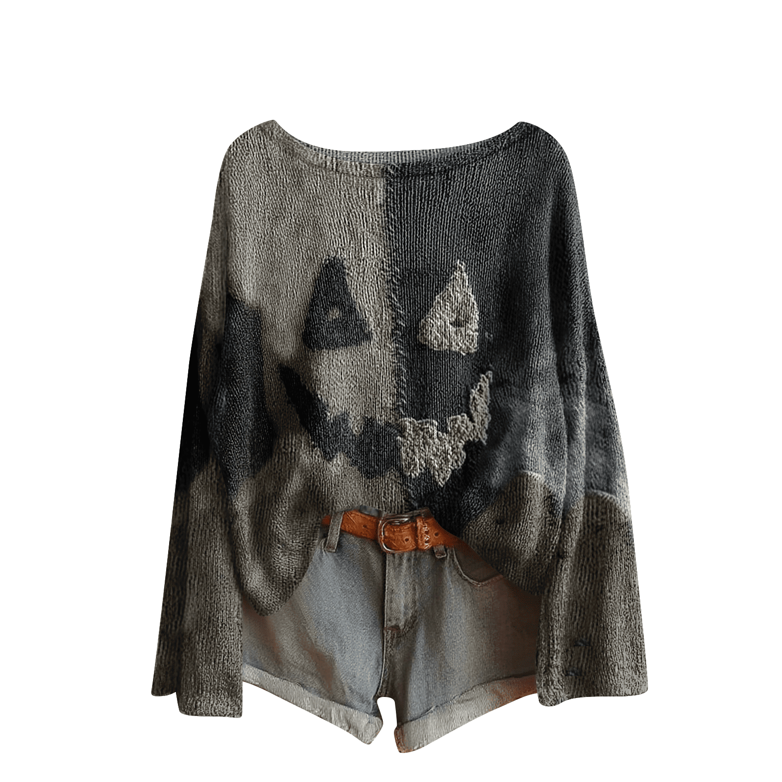 ASDFVBKG Halloween Sweater Women 2025 Spooky Face Patchwork Long Sleeve ...