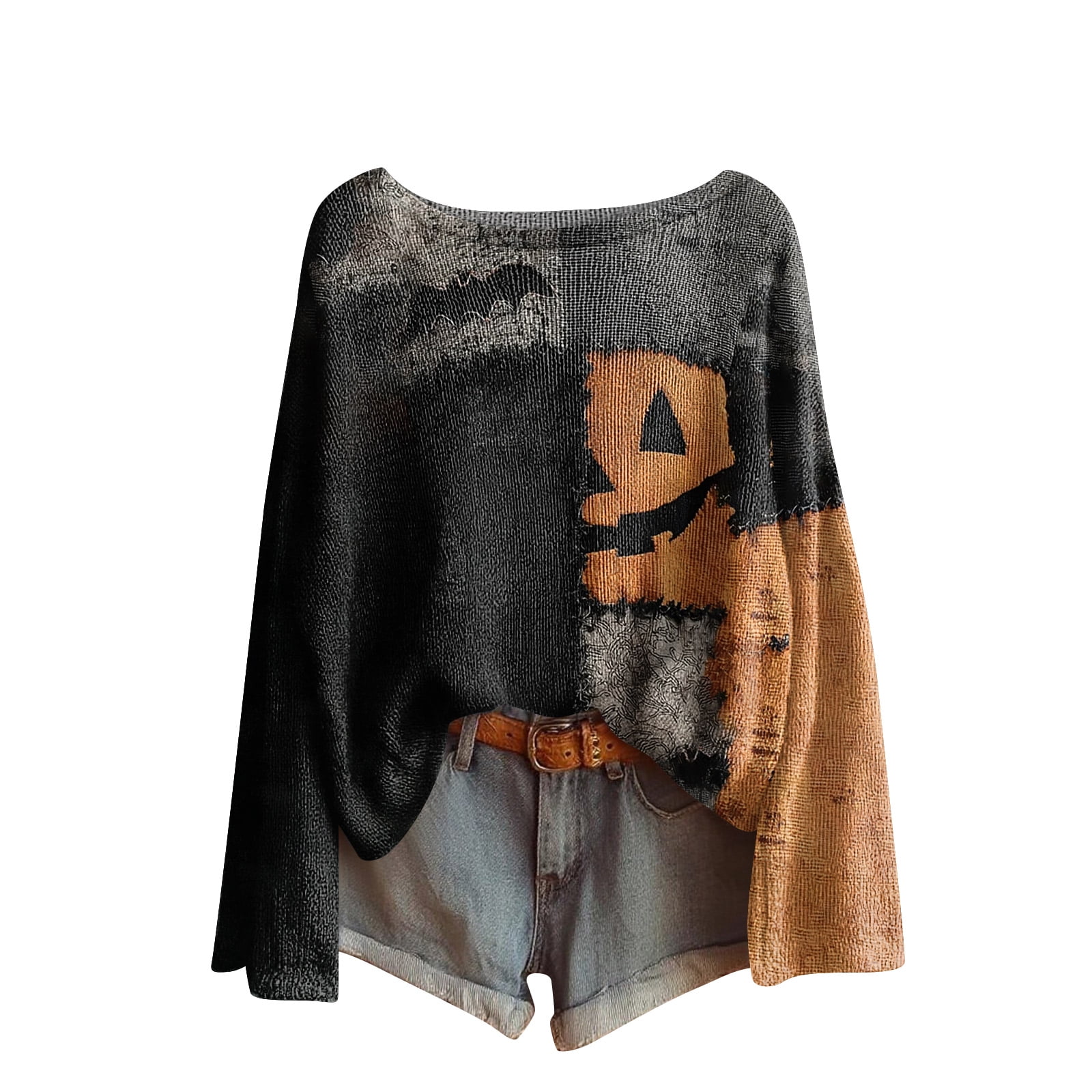 ASDFVBKG Halloween Sweater for Women 2025 Spooky Face Patchwork Pattern ...