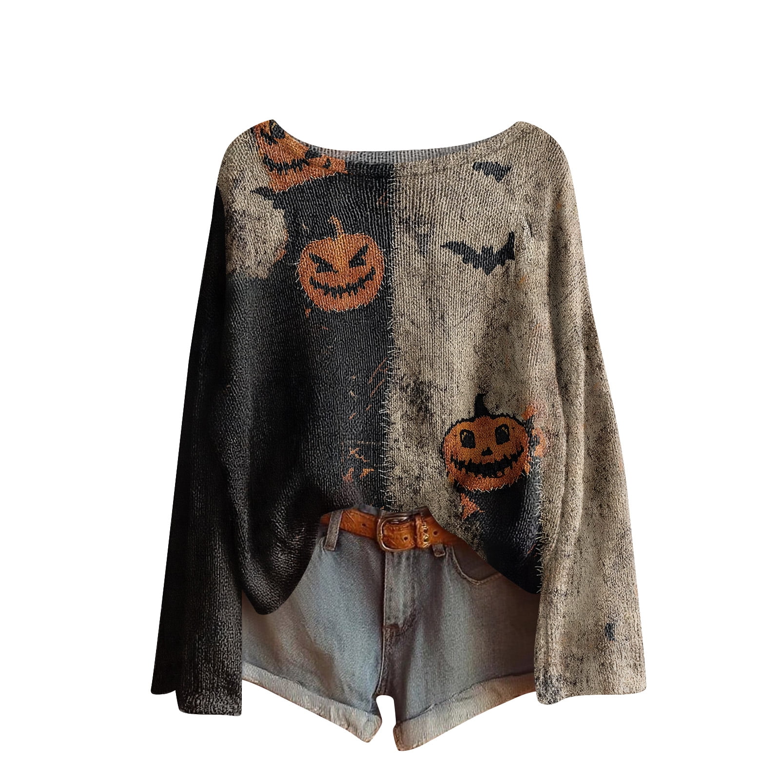 ASDFVBKG Halloween Sweater Women 2025 Spooky Face Patchwork Pattern ...