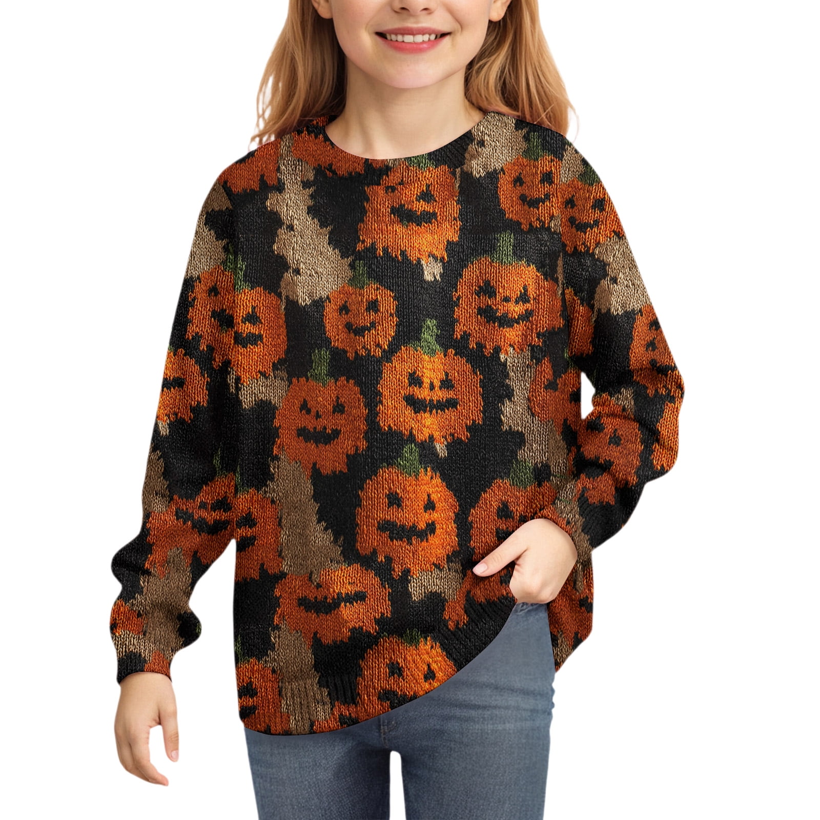 ASDFVBKG Halloween Sweater for girl 2025 Spooky Pumpkin Face Patchwork ...