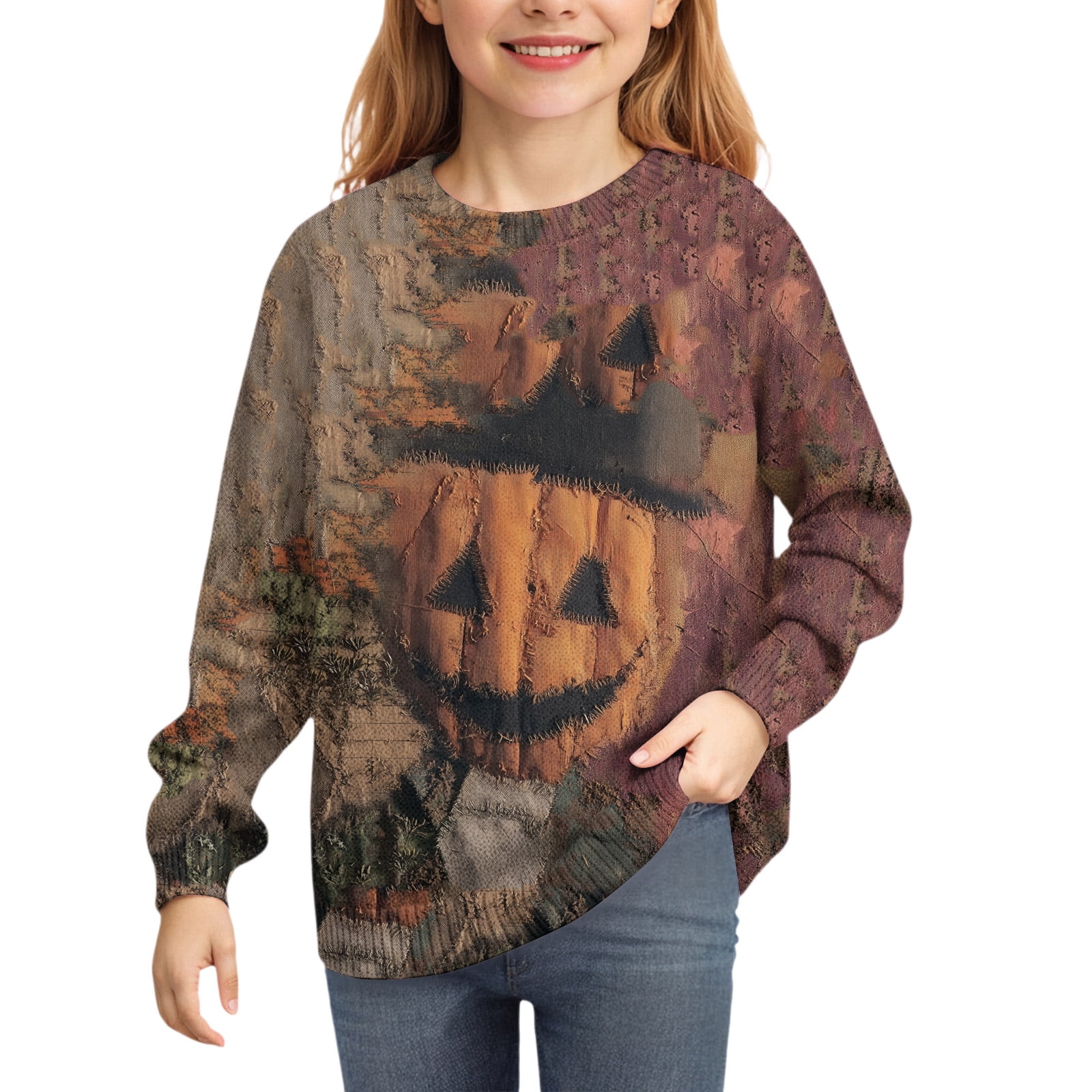 ASDFVBKG Halloween Sweater for girl 2025 Spooky Pumpkin Face Patchwork ...