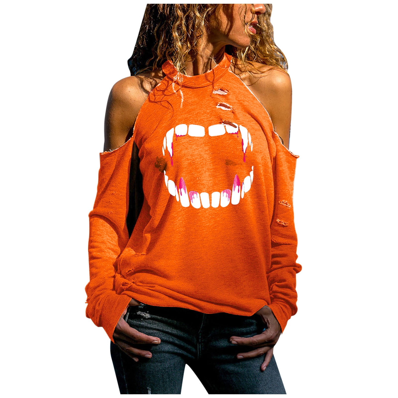 ASDFVBKG Halloween T Shirts Womens Long Sleeve Top Loose Fit Cold Shoulder Dressy Fall ...