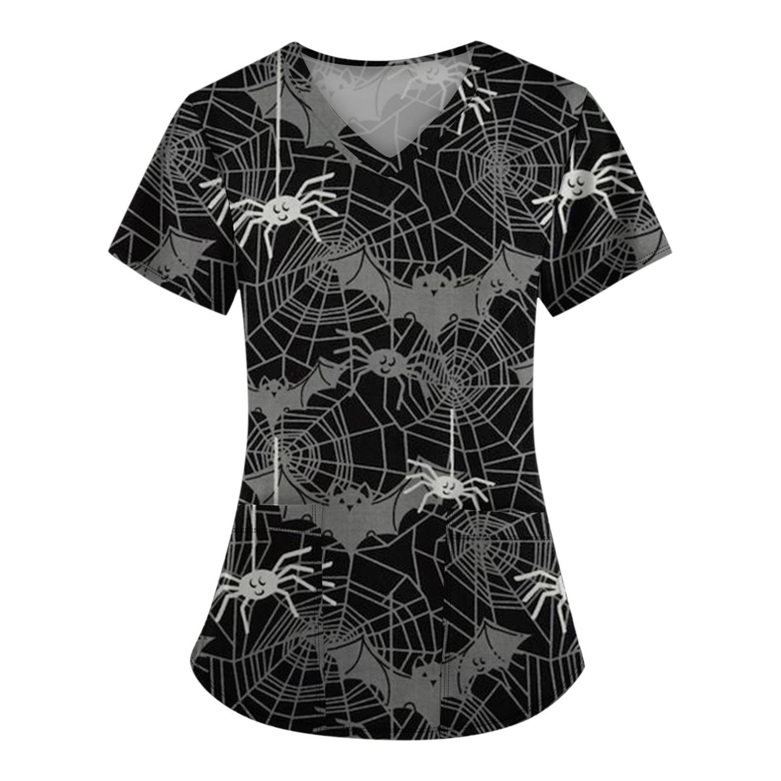 ASDFVBKG Halloween Women's Scrub Top Pumpkin Bat Graphic Short Sleeve Tops V Neck with Pocket ...
