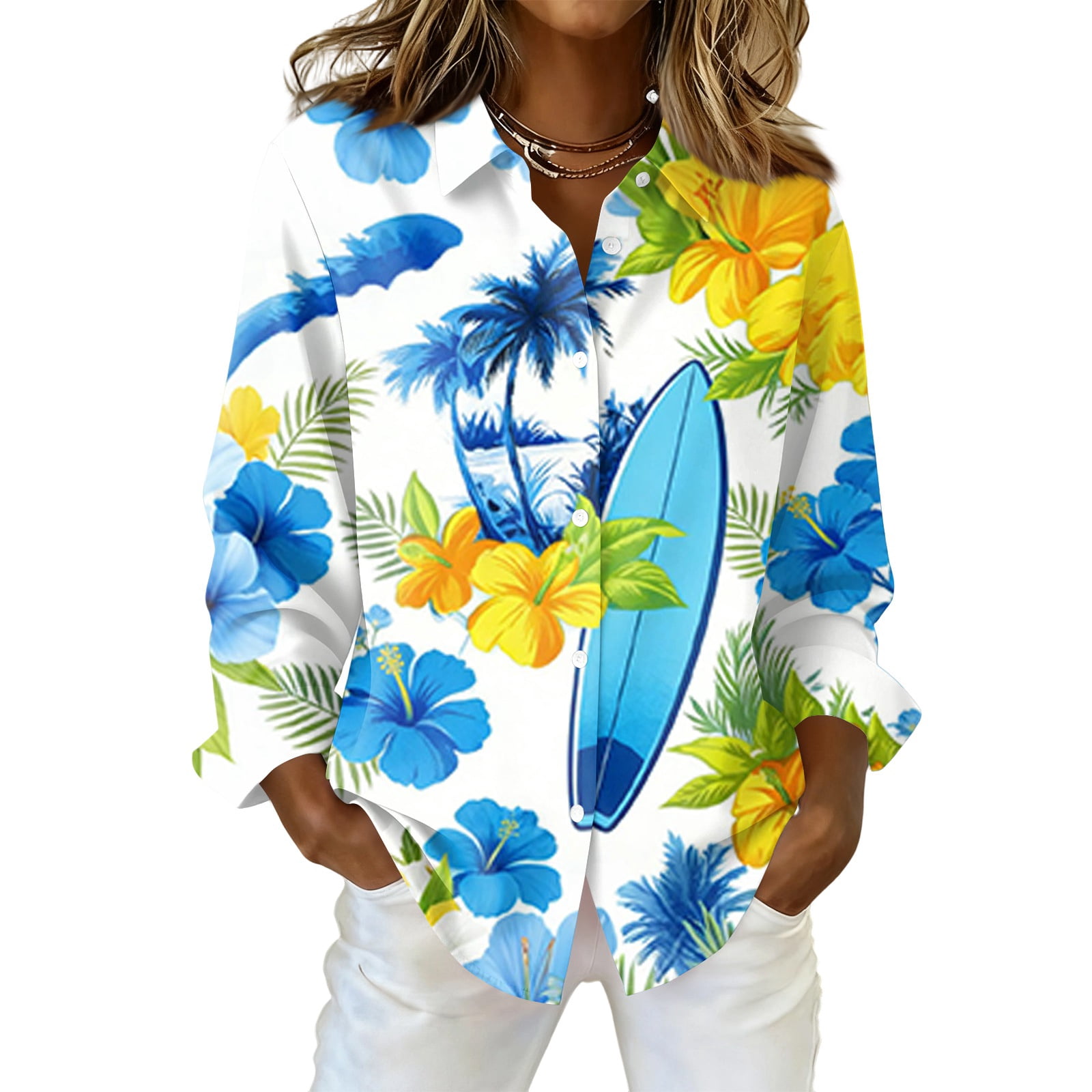 ASDFVBKG Hawaiian Blouses for Women 2026 Dressy Cute Long Sleeve V Neck ...