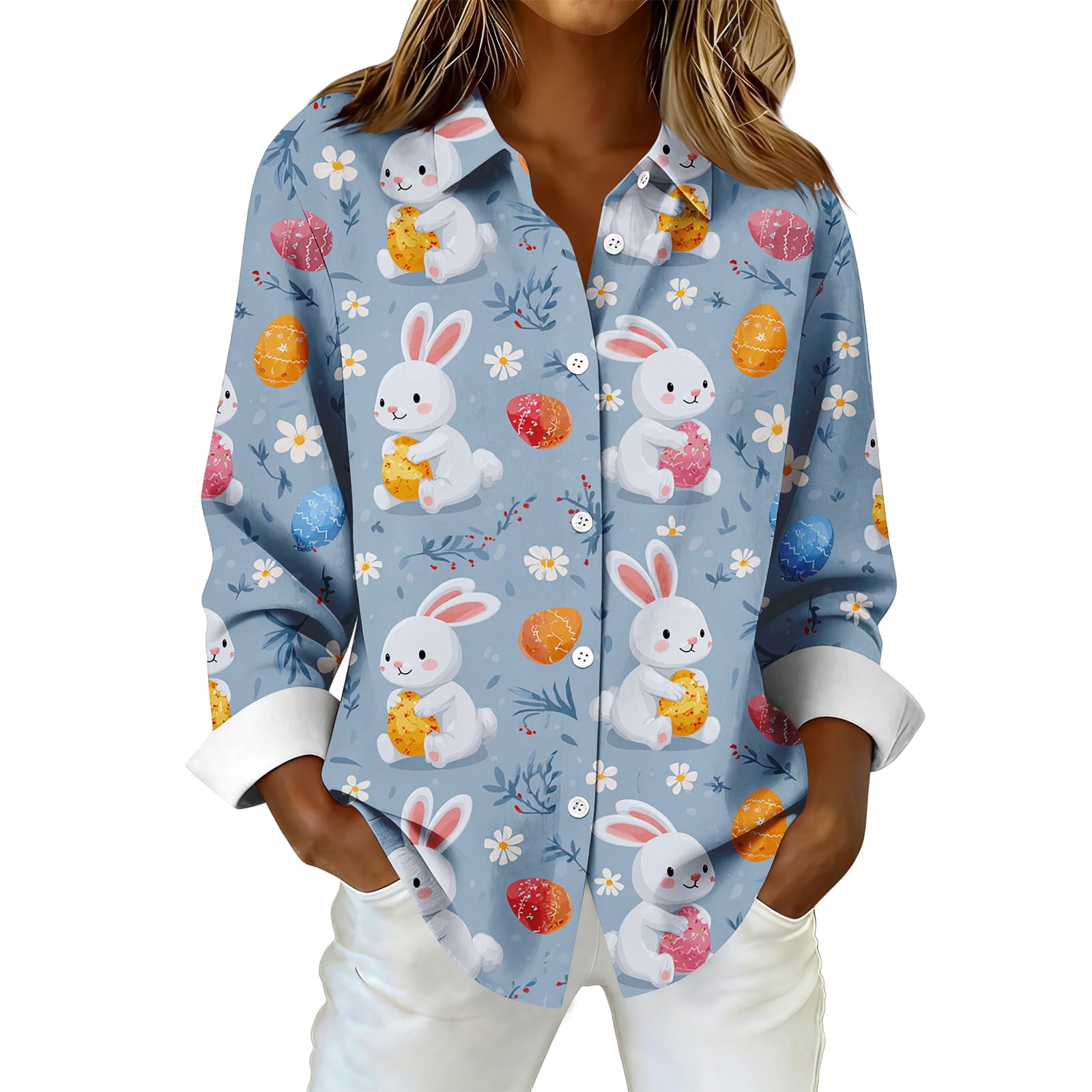 ASDFVBKG Ladies Button-Up Tops and Blouses Bunny Rabbit Print Easter ...