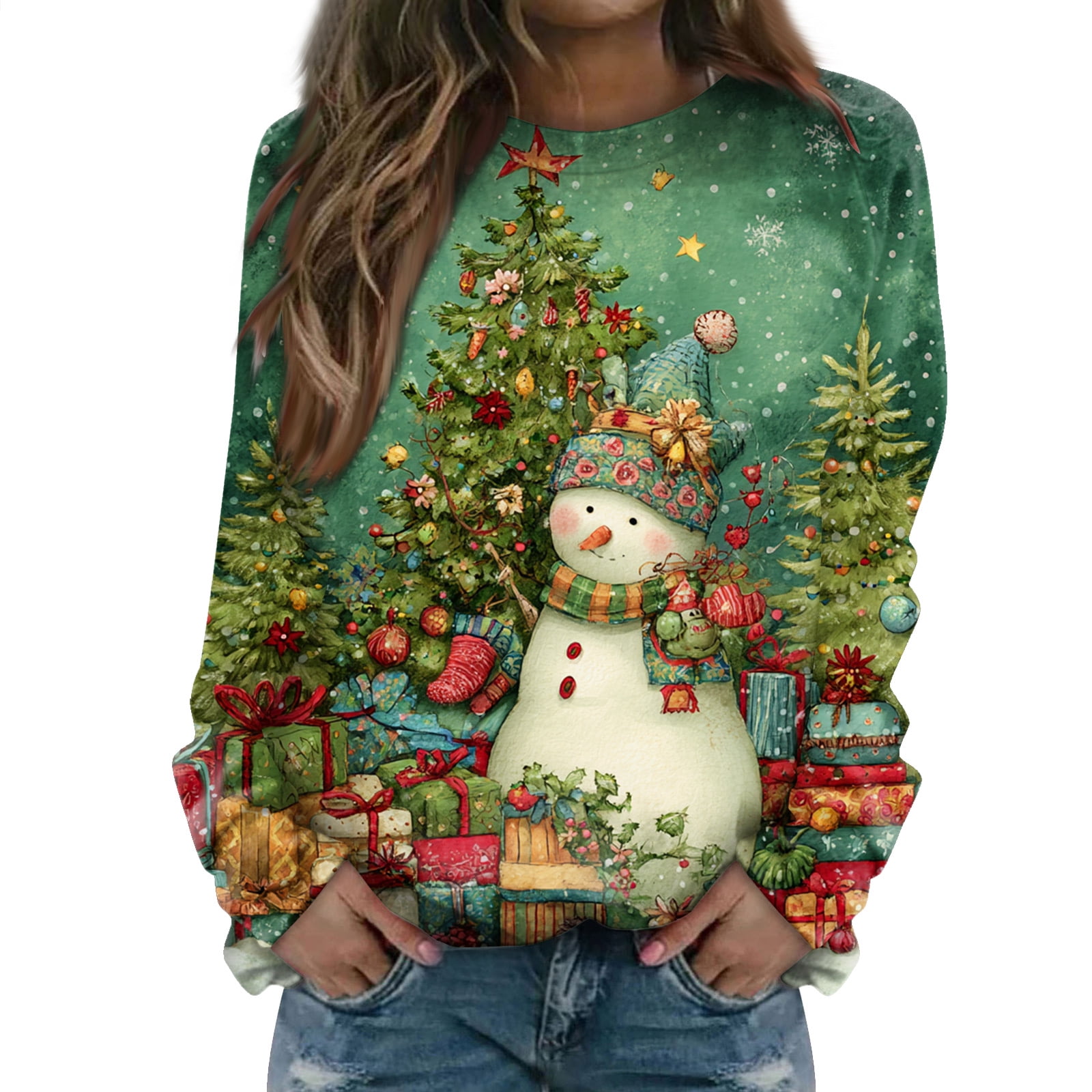 ASDFVBKG Ladies Christmas Tops Crew Neck Snowman Pattern Long Sleeve ...