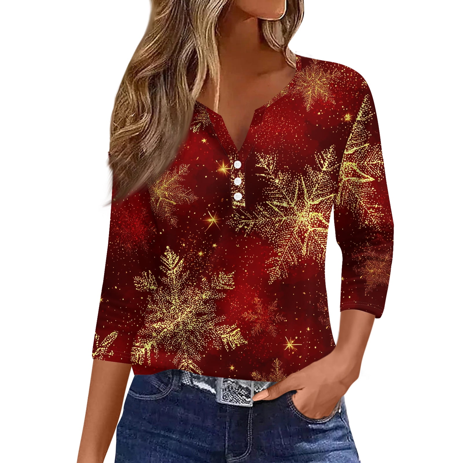 ASDFVBKG Ladies Christmas Tops Henley Snowflakes Prints 3/4 Sleeve ...