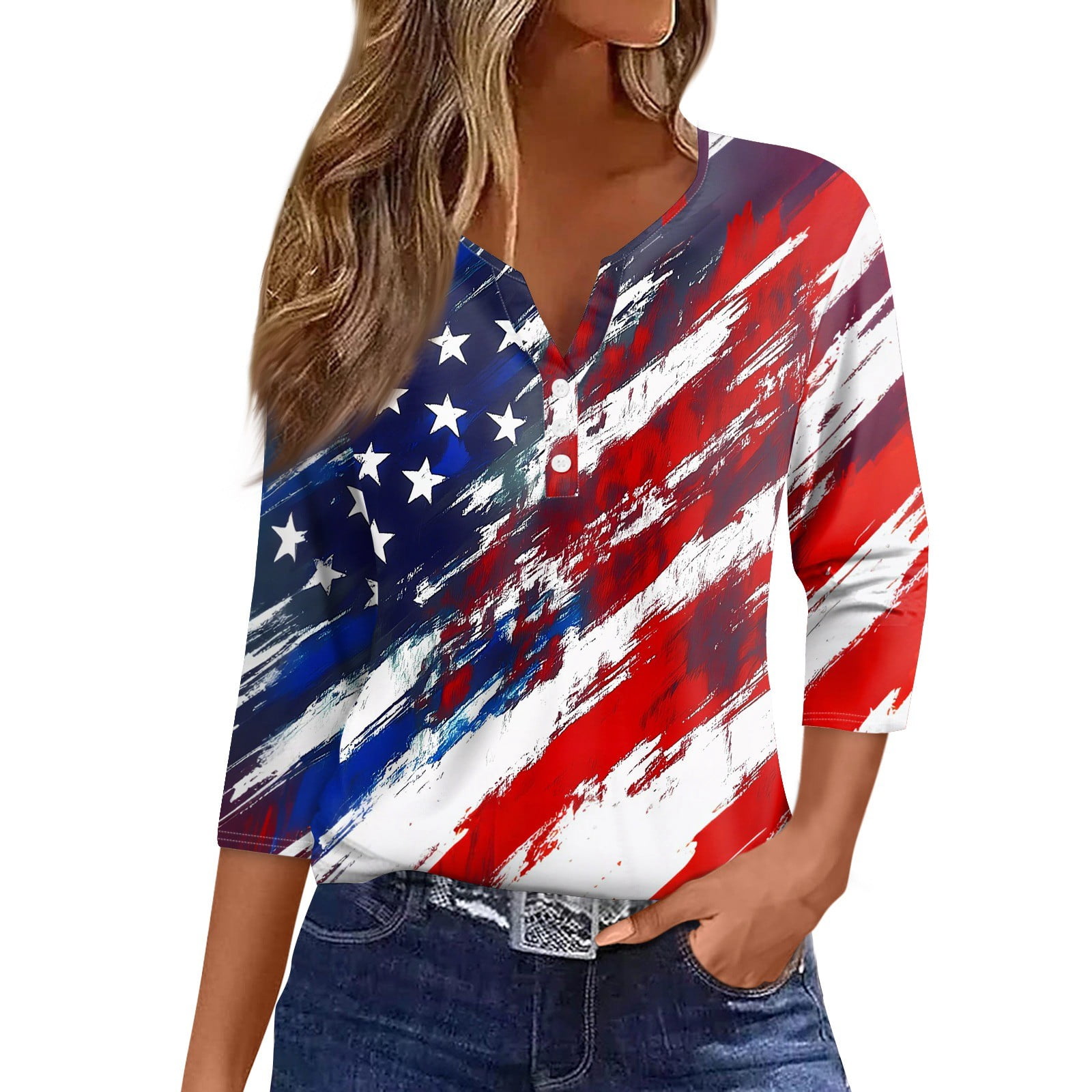 ASDFVBKG Ladies Patriotic 3/4 Sleeve Shirts for Women Henley Neck T ...