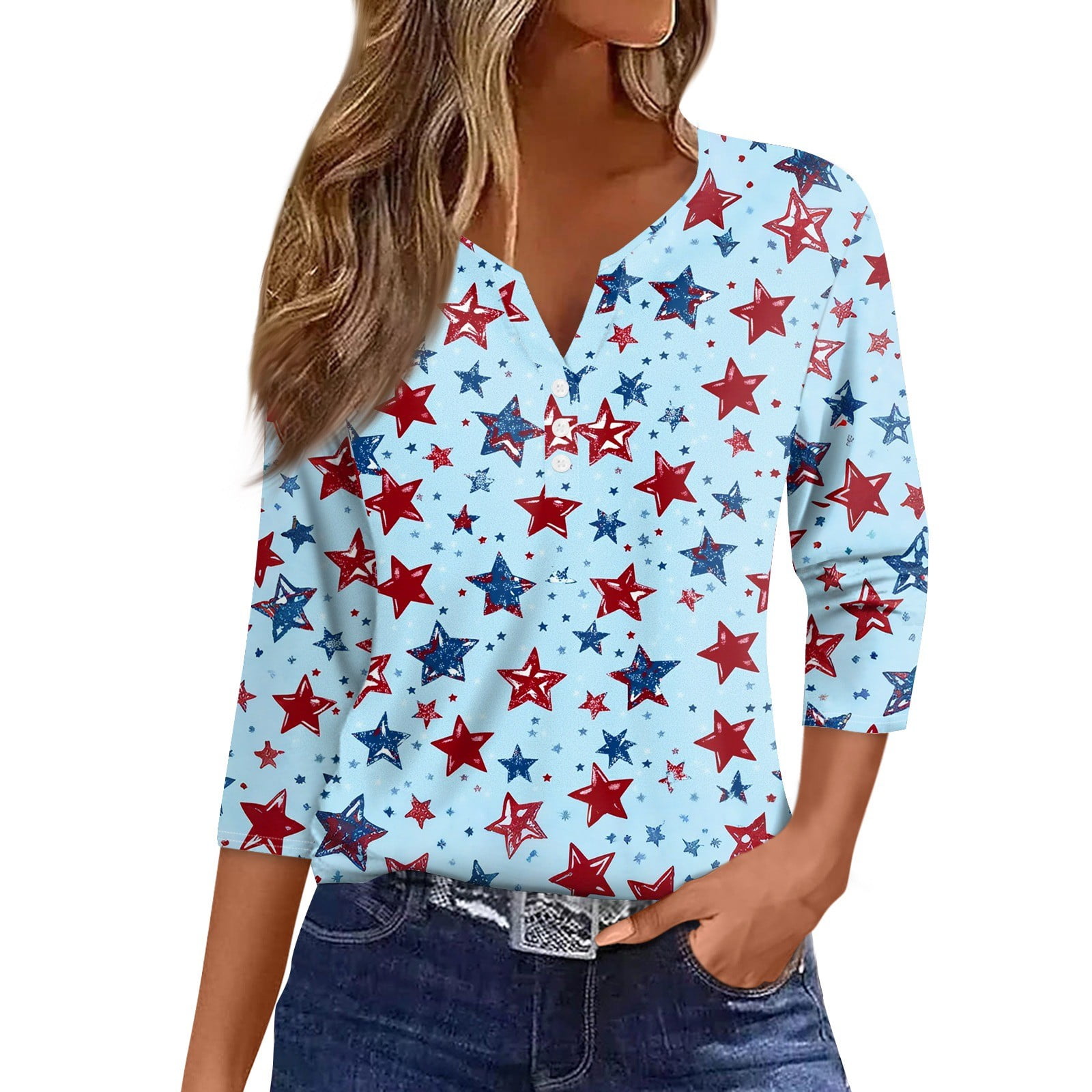 ASDFVBKG Ladies Patriotic 3/4 Sleeve Shirts for Women Henley Neck T ...