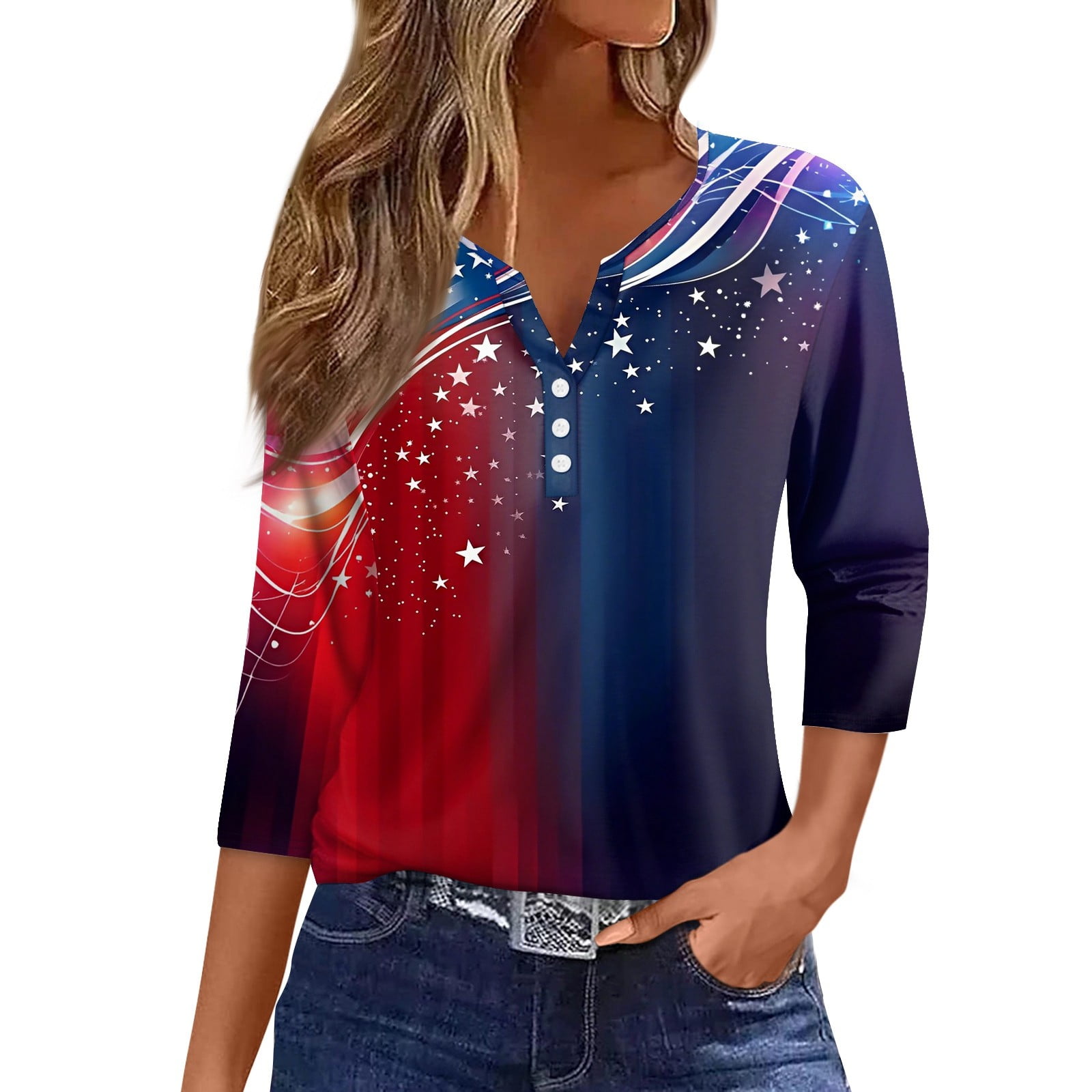 ASDFVBKG Ladies Patriotic 3/4 Sleeve Shirts for Women V Neck Tshirts ...