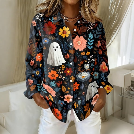 ASDFVBKG Long Sleeve Pumpkins Print Button Down Blouse Womens Halloween ...