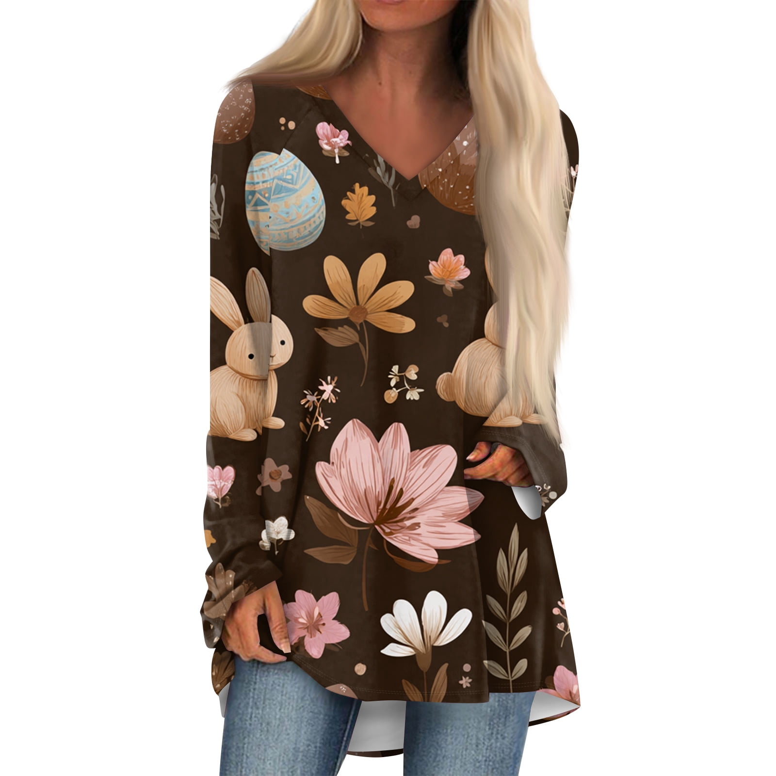 ASDFVBKG Long Sleeve Womens Easter Tops V-Neck Shirts Mid-Length Cute ...
