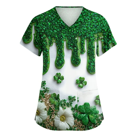 ASDFVBKG Medical Women's St. Patrick's Day Scrub Top Plus Size Short ...