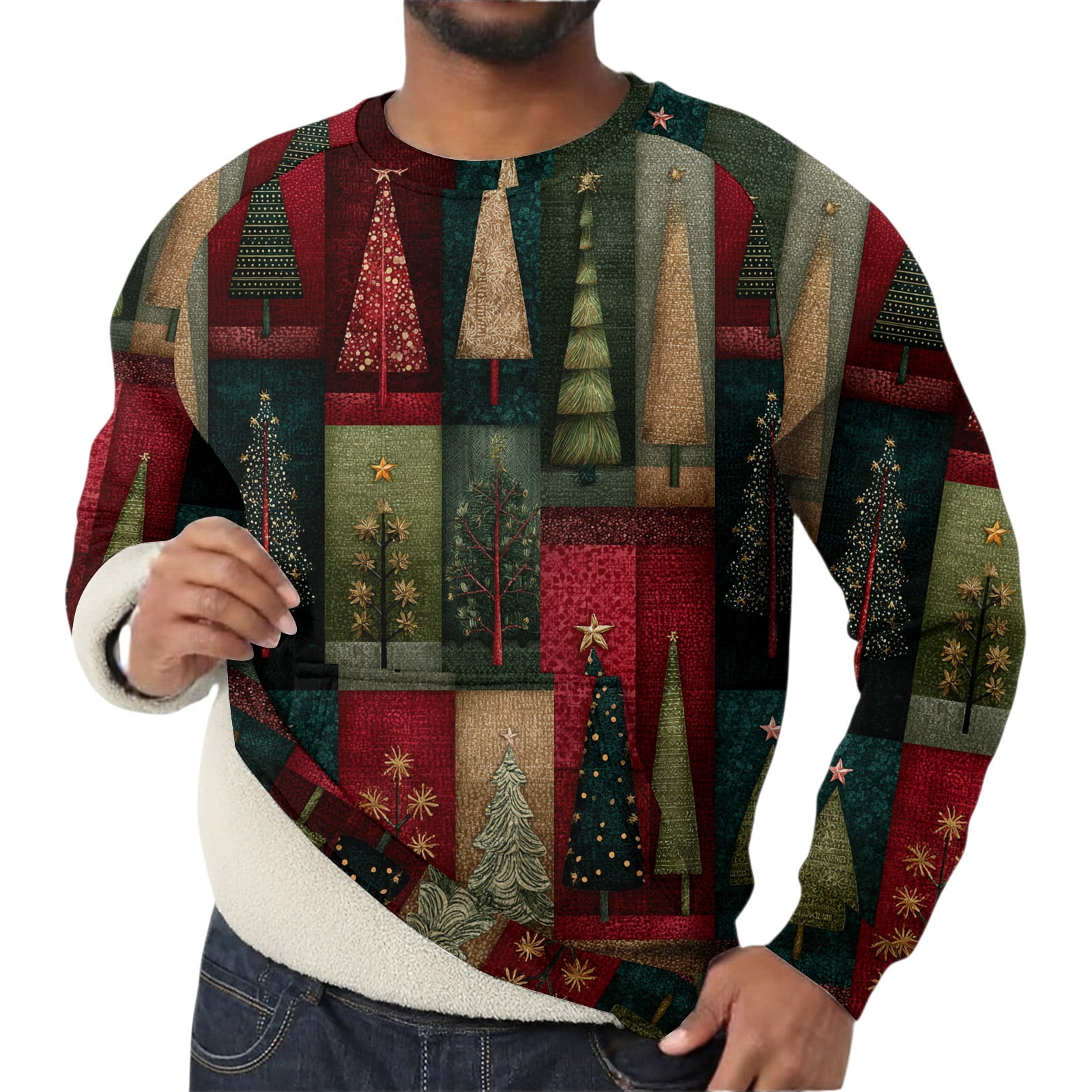 ASDFVBKG Men's Christmas Sweatshirt Winter Sherpa Lined Crew Neck Long ...