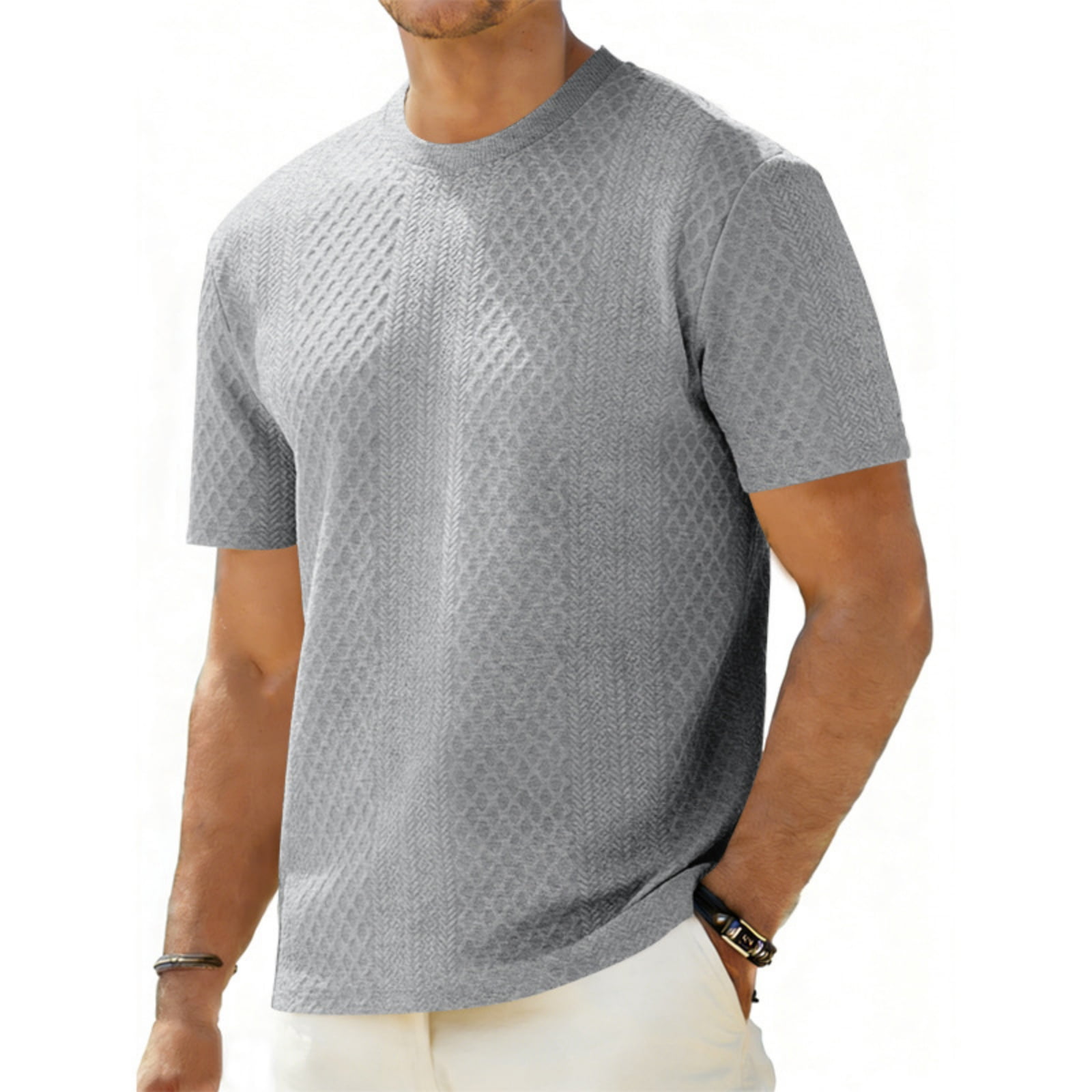 ASDFVBKG Men's Muscle Slim Crew Neck Shirts Dressy Textured Short ...