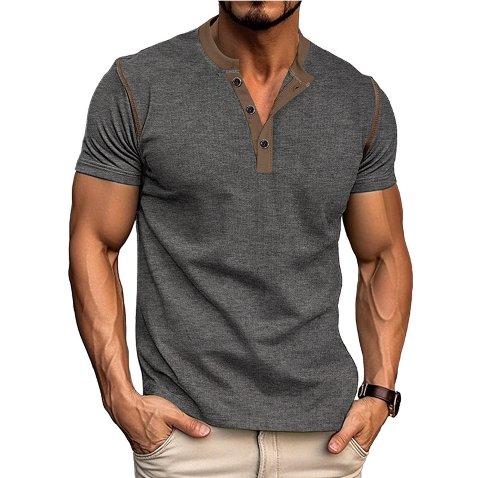 ASDFVBKG Men's Muscle Slim Henley Shirts Dressy Short Sleeve Athletic T ...