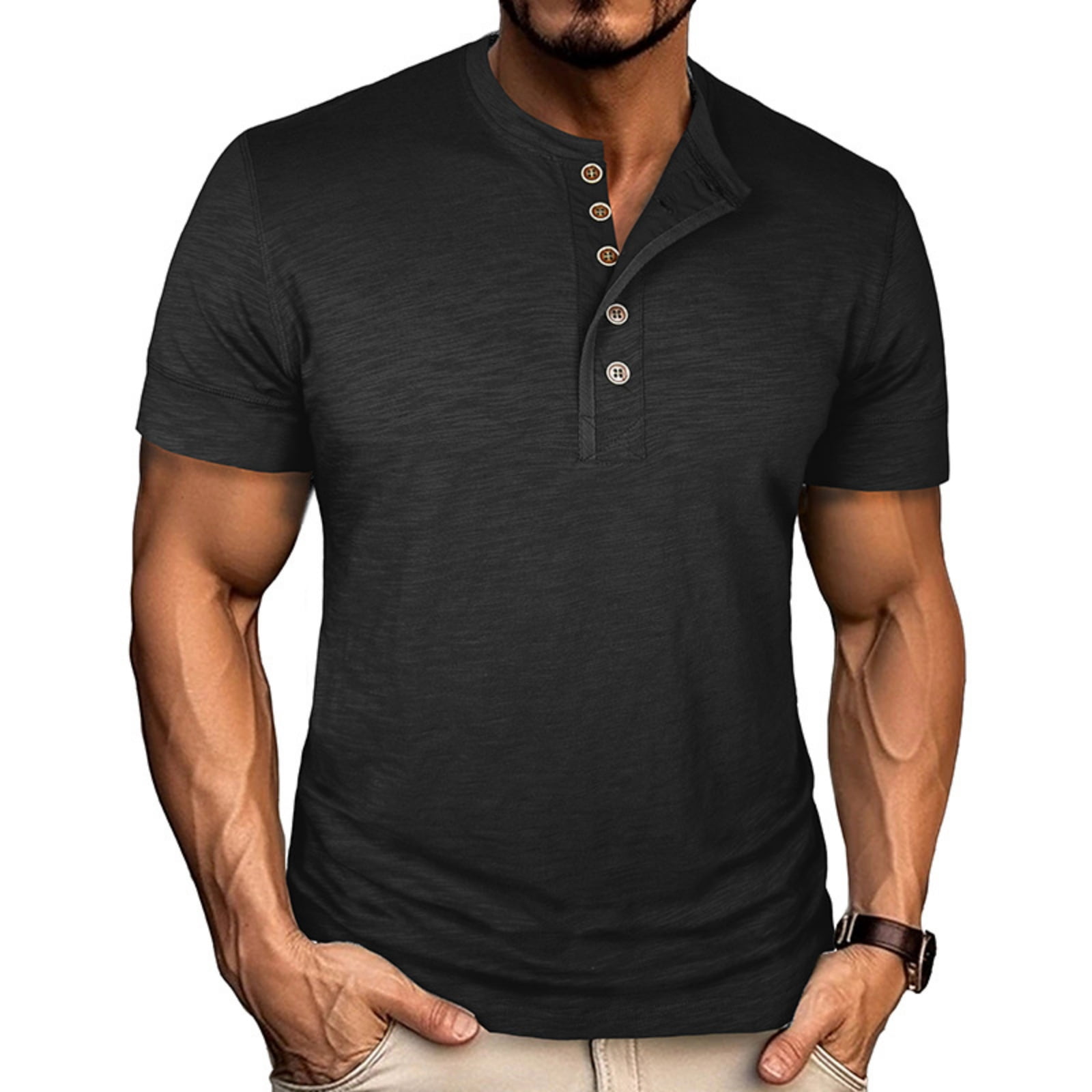 ASDFVBKG Men's Muscle Slim Henley Shirts Fashion Short Sleeve Workout T ...