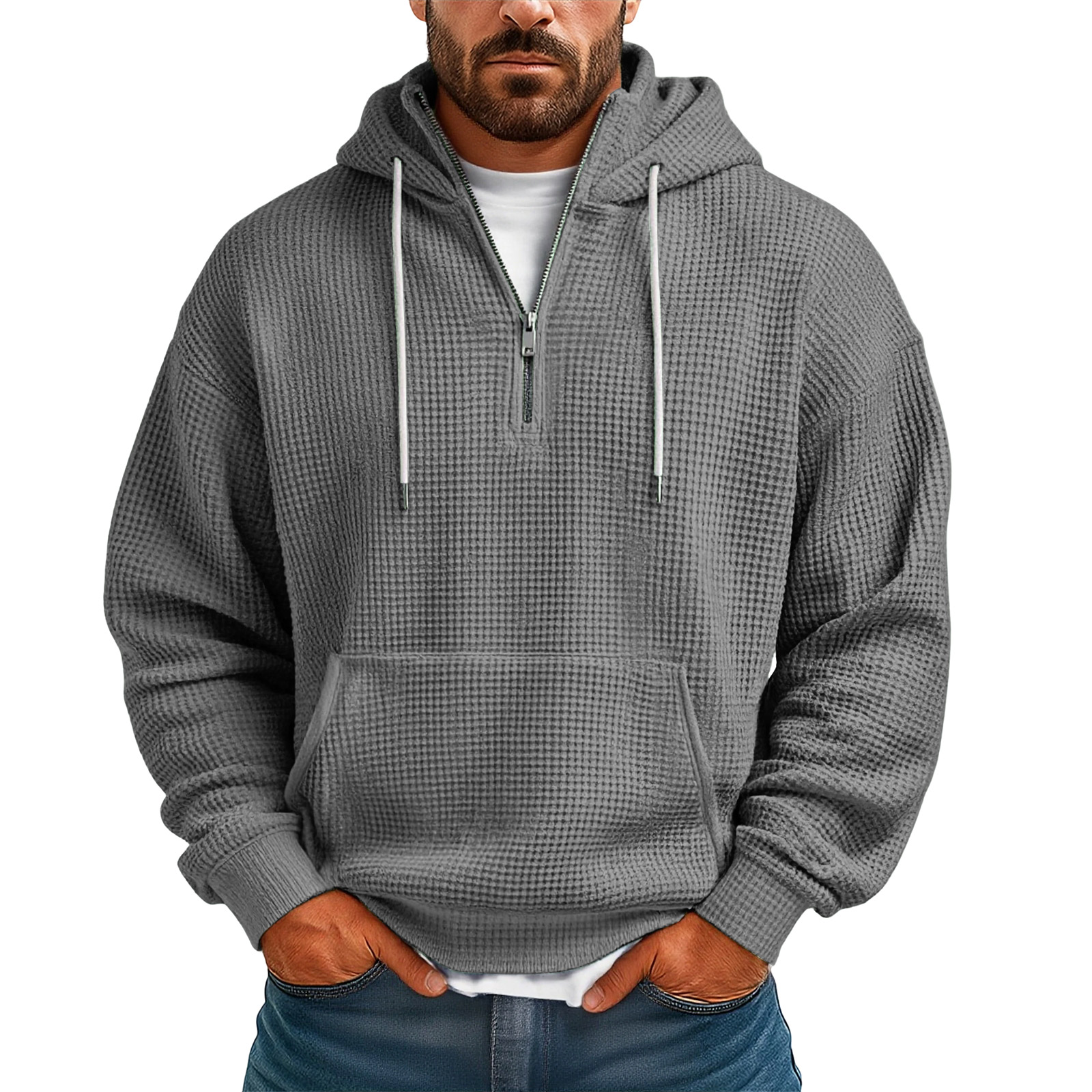 ASDFVBKG Men's Quarter Zip Hoodies Pullover Casual Long Sleeve Waffle ...
