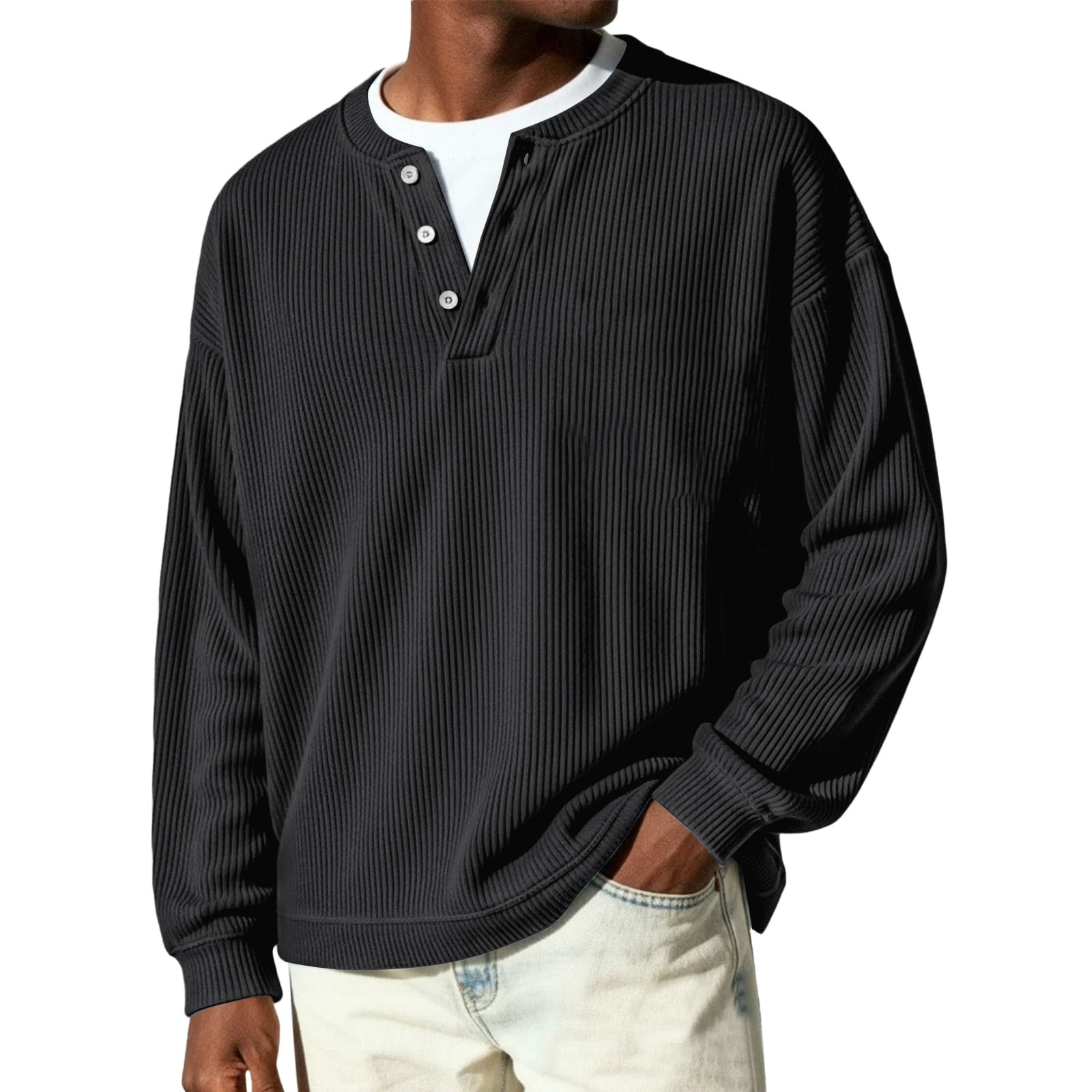 ASDFVBKG Men's Ribbed Henley Pullover Long Sleeve Pullover Lounge Solid ...