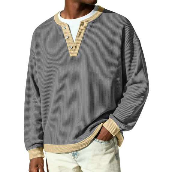 ASDFVBKG Men's Ribbed Henley Pullover Long Sleeve Pullover Lounge Solid ...