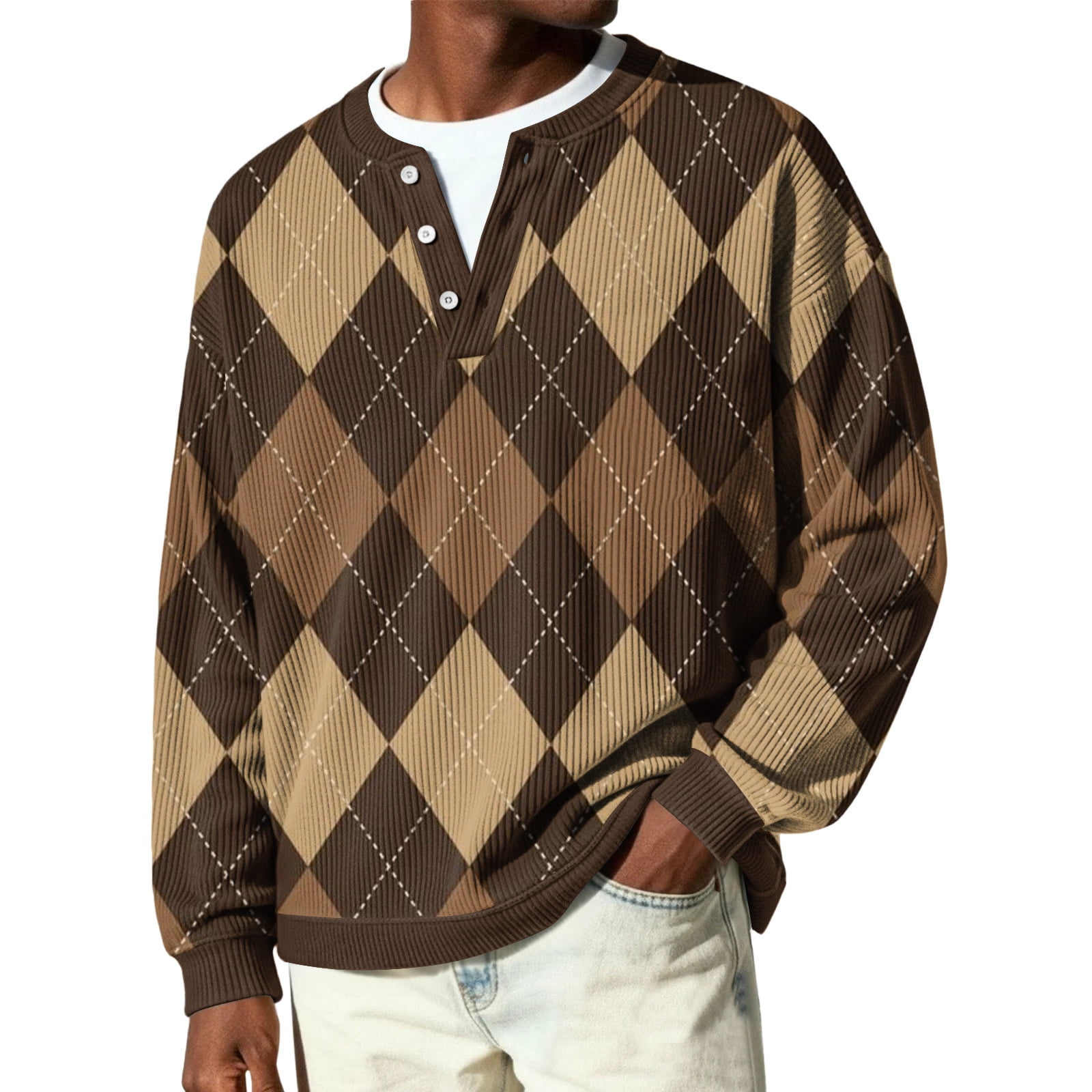 ASDFVBKG Mens Long Sleeve Ribbed Sweatshirt Henley Pullover Lounge ...