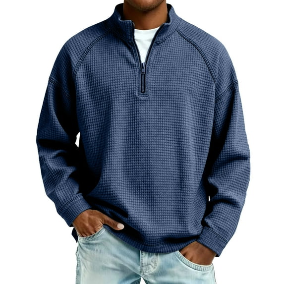 ASDFVBKG Mens Waffle Quarter Zip Sweatshirt Soft Long Sleeve Collared ...