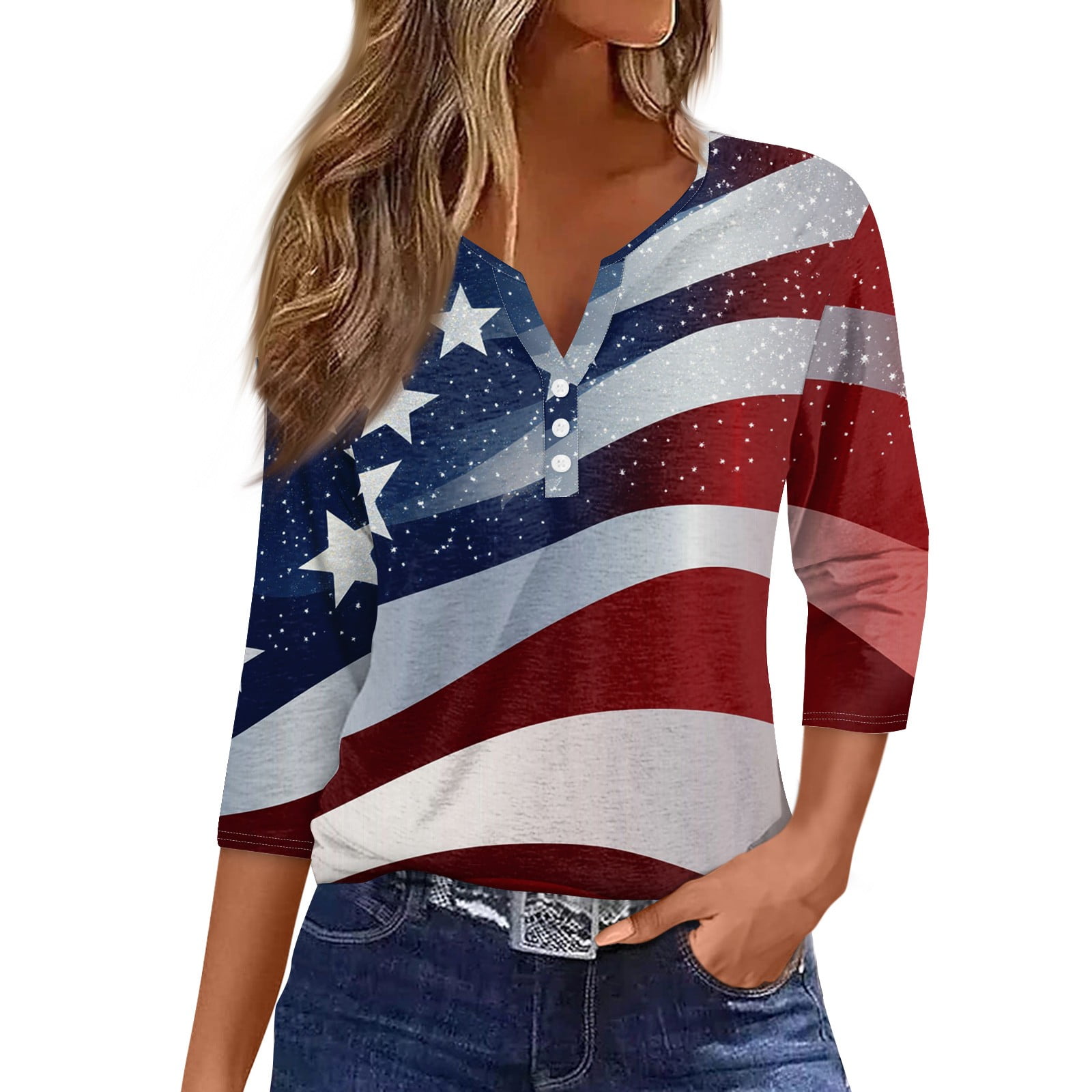 ASDFVBKG Patriotic 3/4 Length Sleeve Women's Shirts Henley Neck Tshirts ...