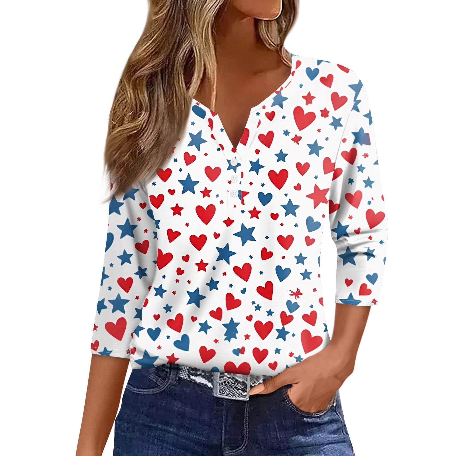 ASDFVBKG Patriotic 3/4 Sleeve Shirts for Women Henley Neck Tunics Tops ...