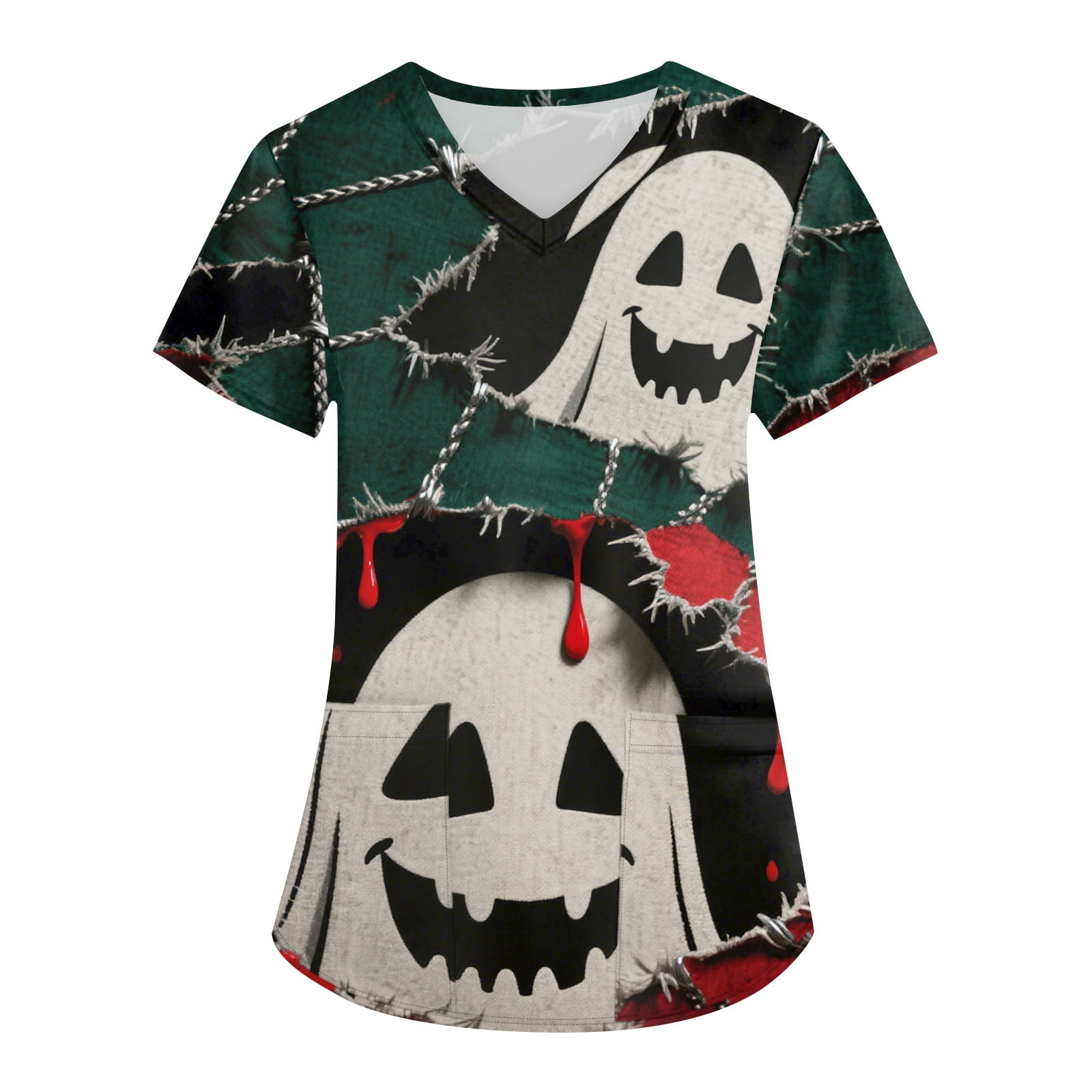 ASDFVBKG Plus Size Halloween Scrub Tops Women Short Sleeve V-Neck ...