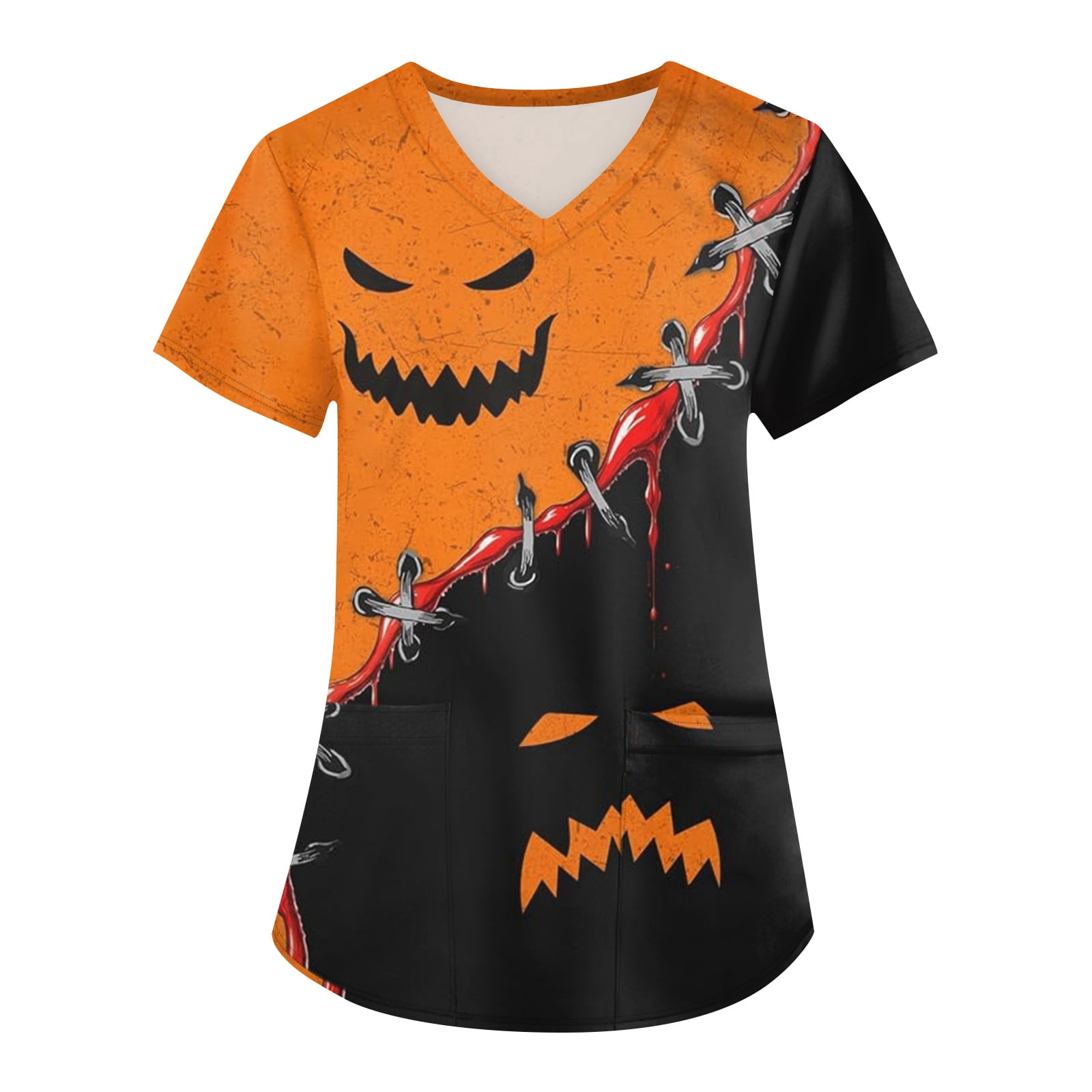 ASDFVBKG Plus Size Ladies Halloween Scrub Top Short Sleeve V Neck ...