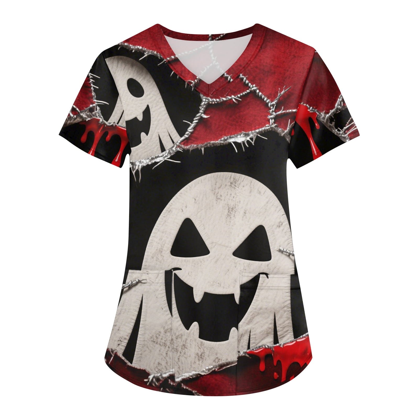 ASDFVBKG Plus Size Ladies Halloween Scrub Top Short Sleeve V-Neck ...