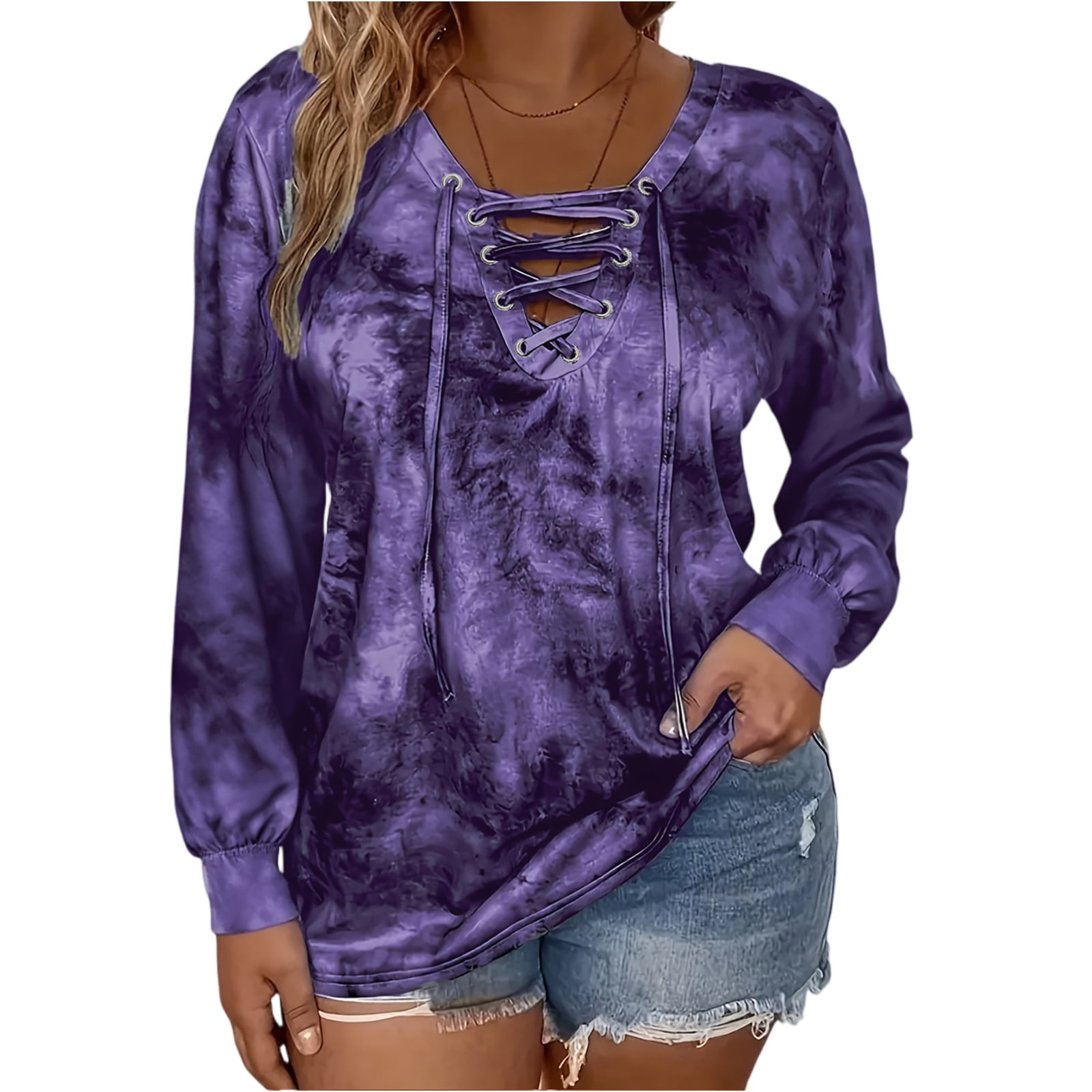 ASDFVBKG Plus Size Tie Dye Shirt Women Criss Cross Adjustable V-Neck ...