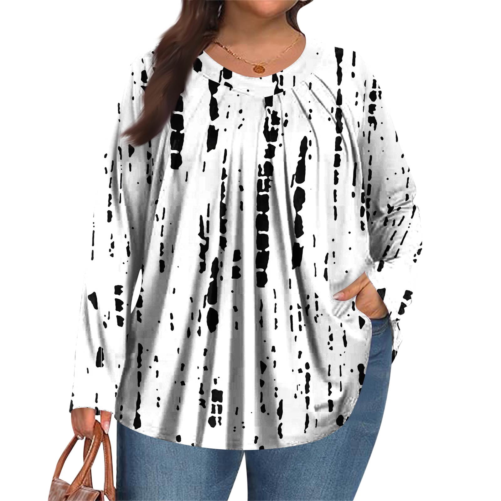 ASDFVBKG Plus Size Tops for Women Long Sleeve Trendy Round Neck Pleated ...