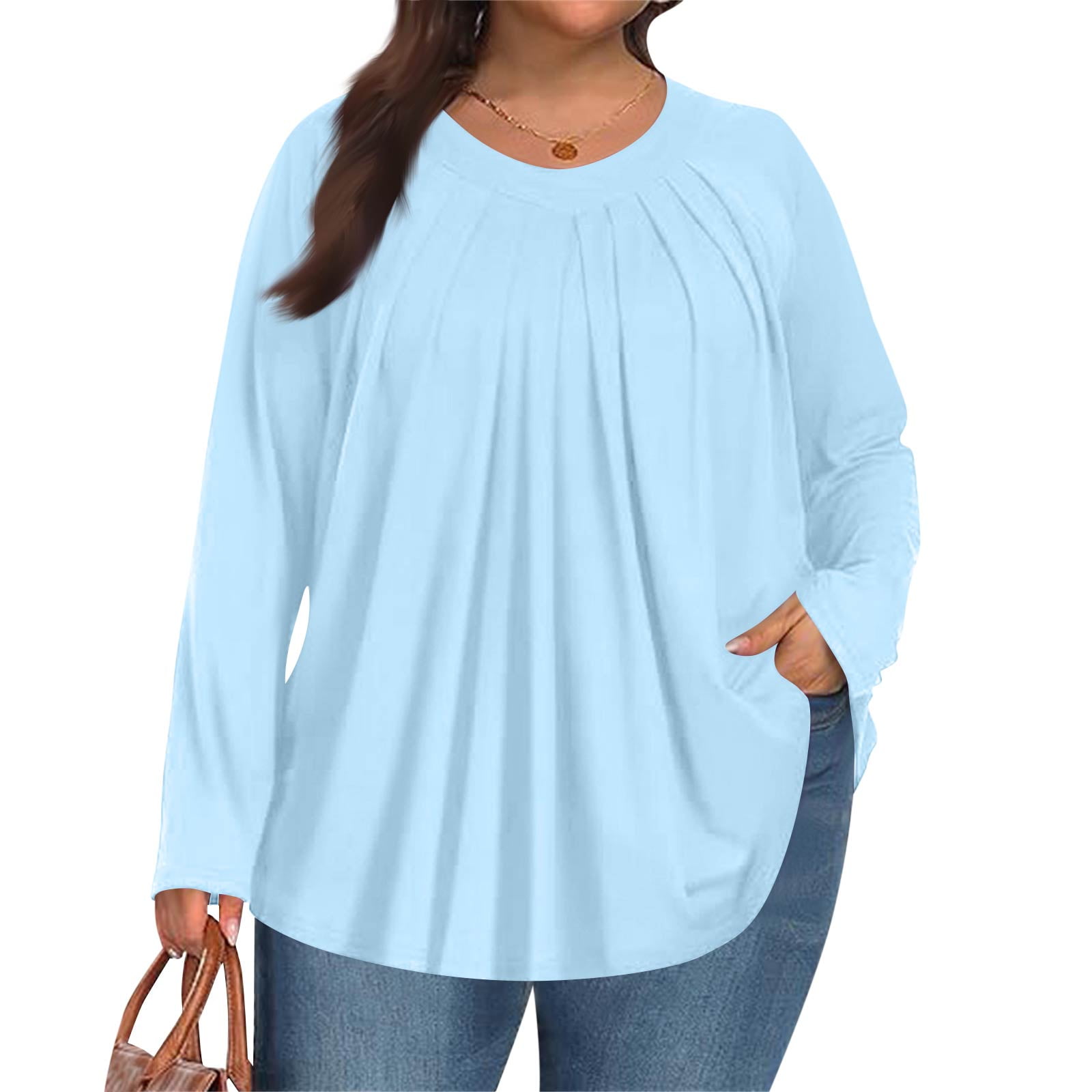 ASDFVBKG Plus Size Women's Tops Long Sleeve Pleated Crew Neck Shirt ...
