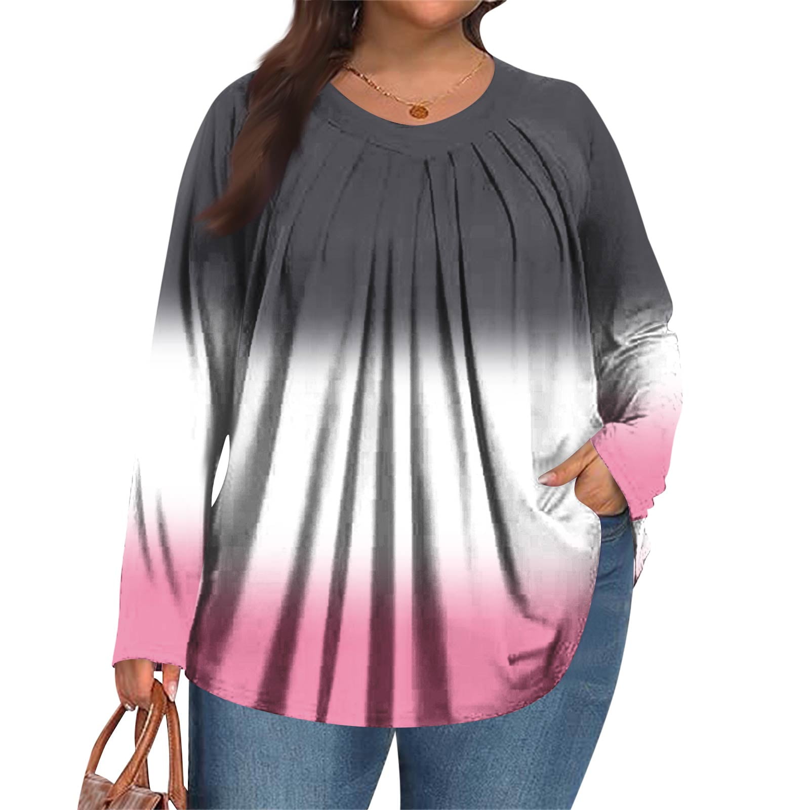 ASDFVBKG Plus Size Women's Tops Long Sleeve Pleated Round Neck Shirts ...