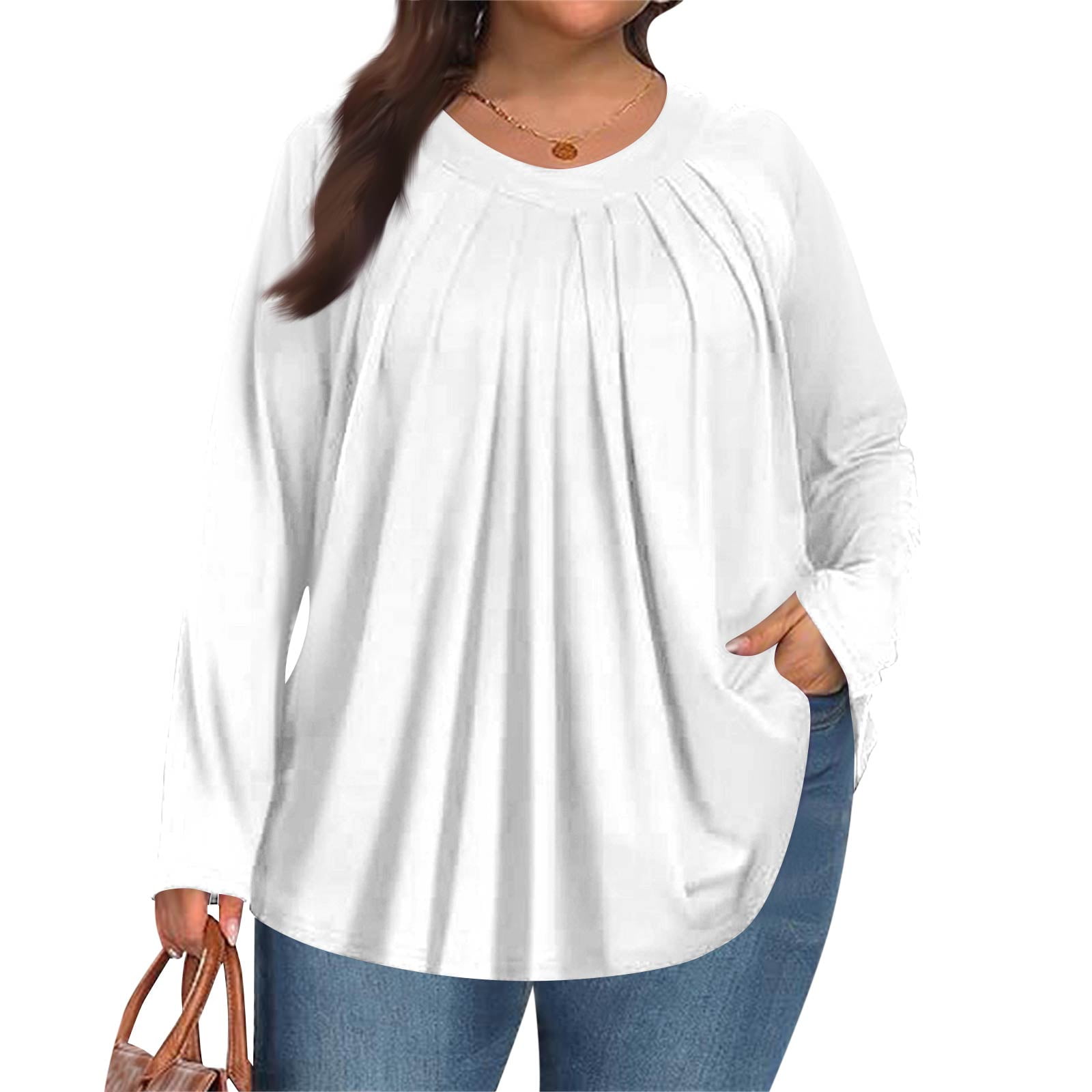 ASDFVBKG Plus Size Women's Tops Long Sleeve Pleated Tie Dye Round Neck ...