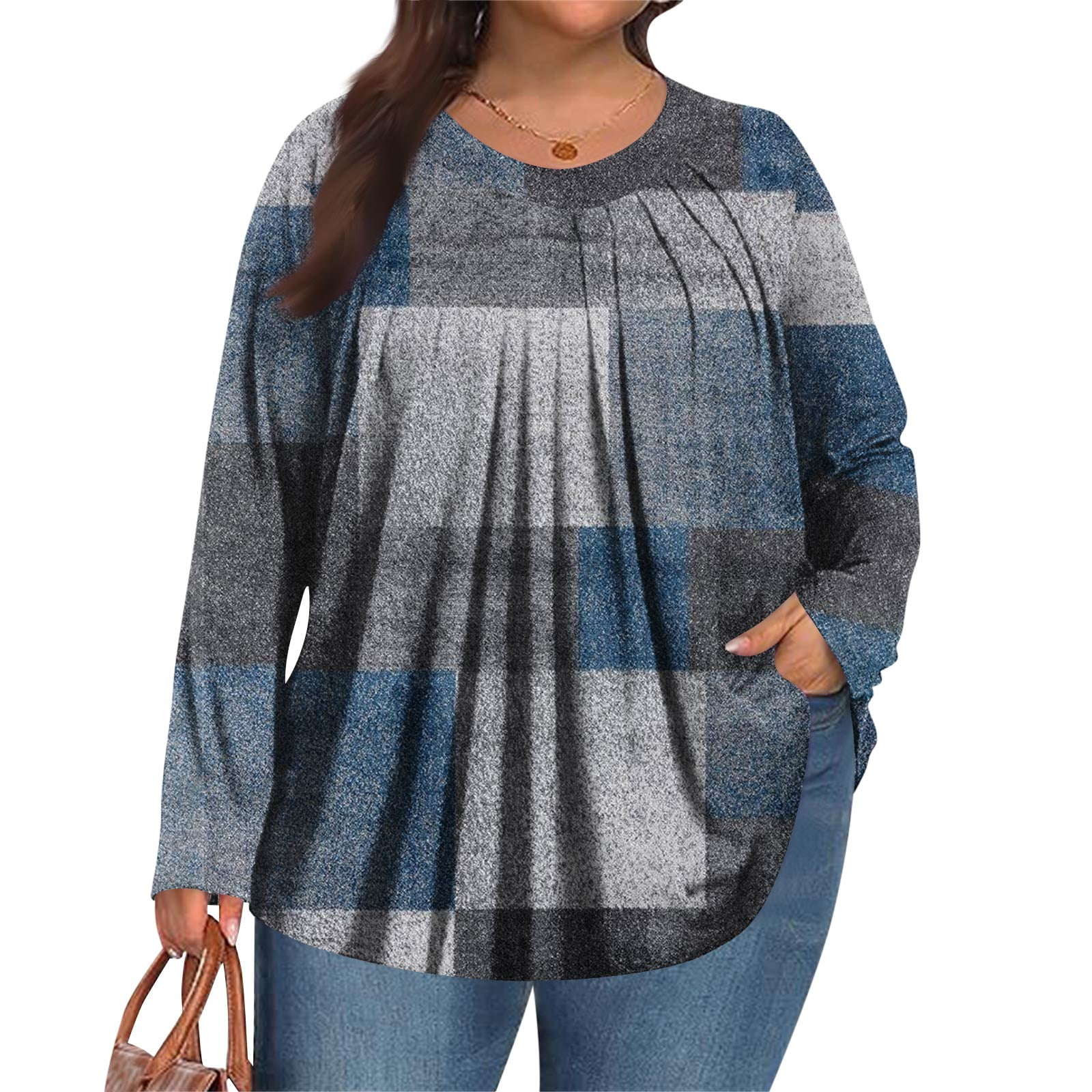 ASDFVBKG Plus Size Women's Tops Pleated Round Neck Long Sleeve Tops ...
