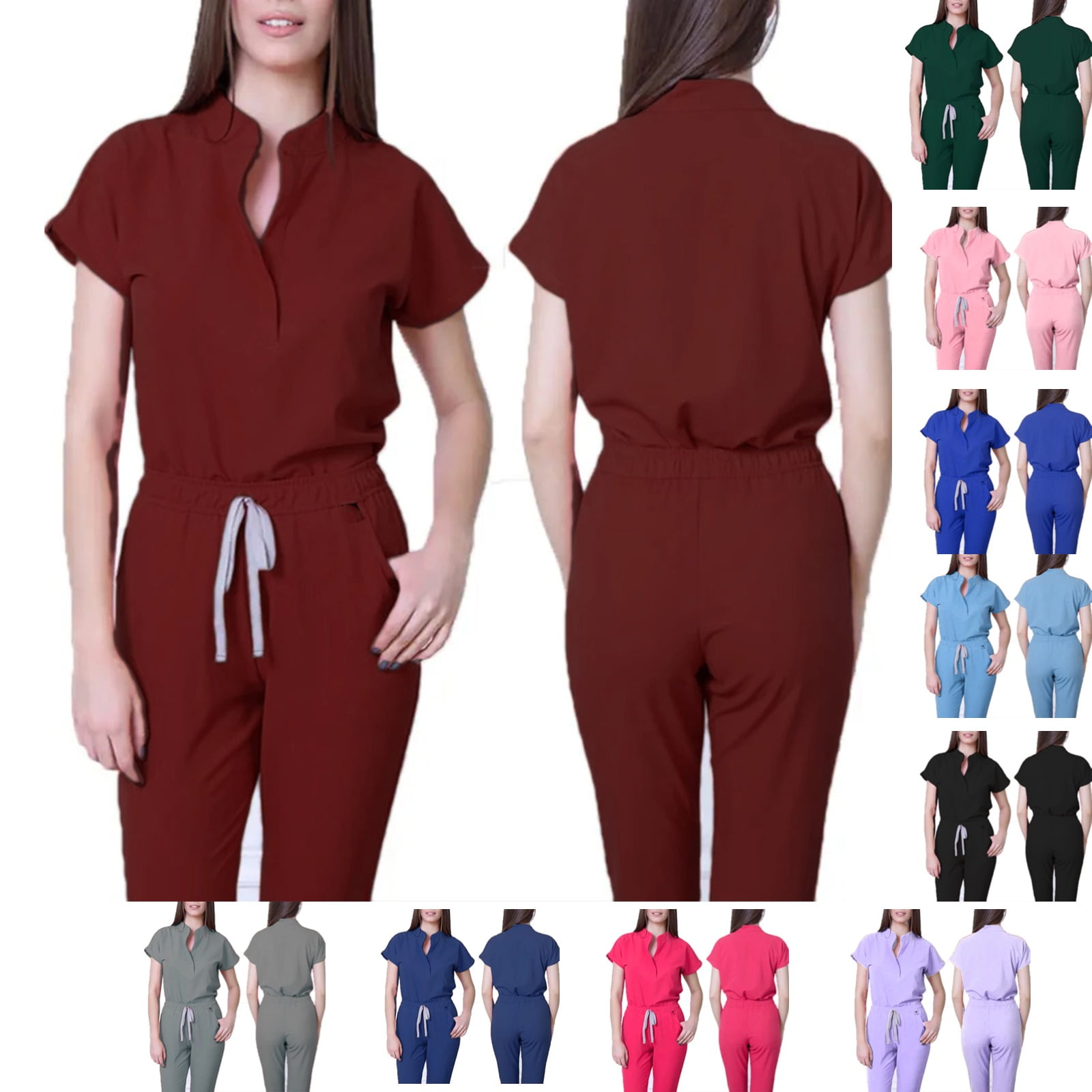 ASDFVBKG Scrubs Set for Women Round Neck Snap-Front Short Sleeve Jogger ...