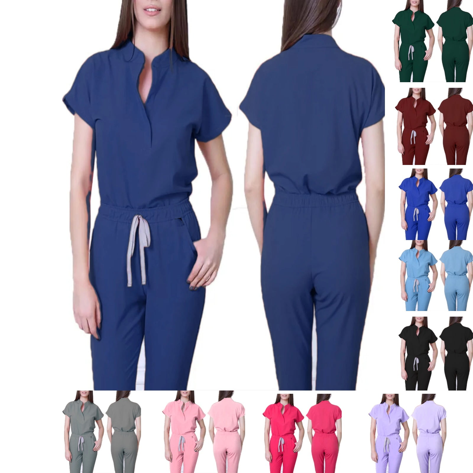 ASDFVBKG Scrubs Sets for Women Round Neck Snap Front Short Sleeve ...