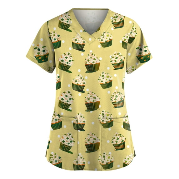 ASDFVBKG St. Patrick's Day Scrub Tops Summer Medical Nursing V-Neck Fun ...