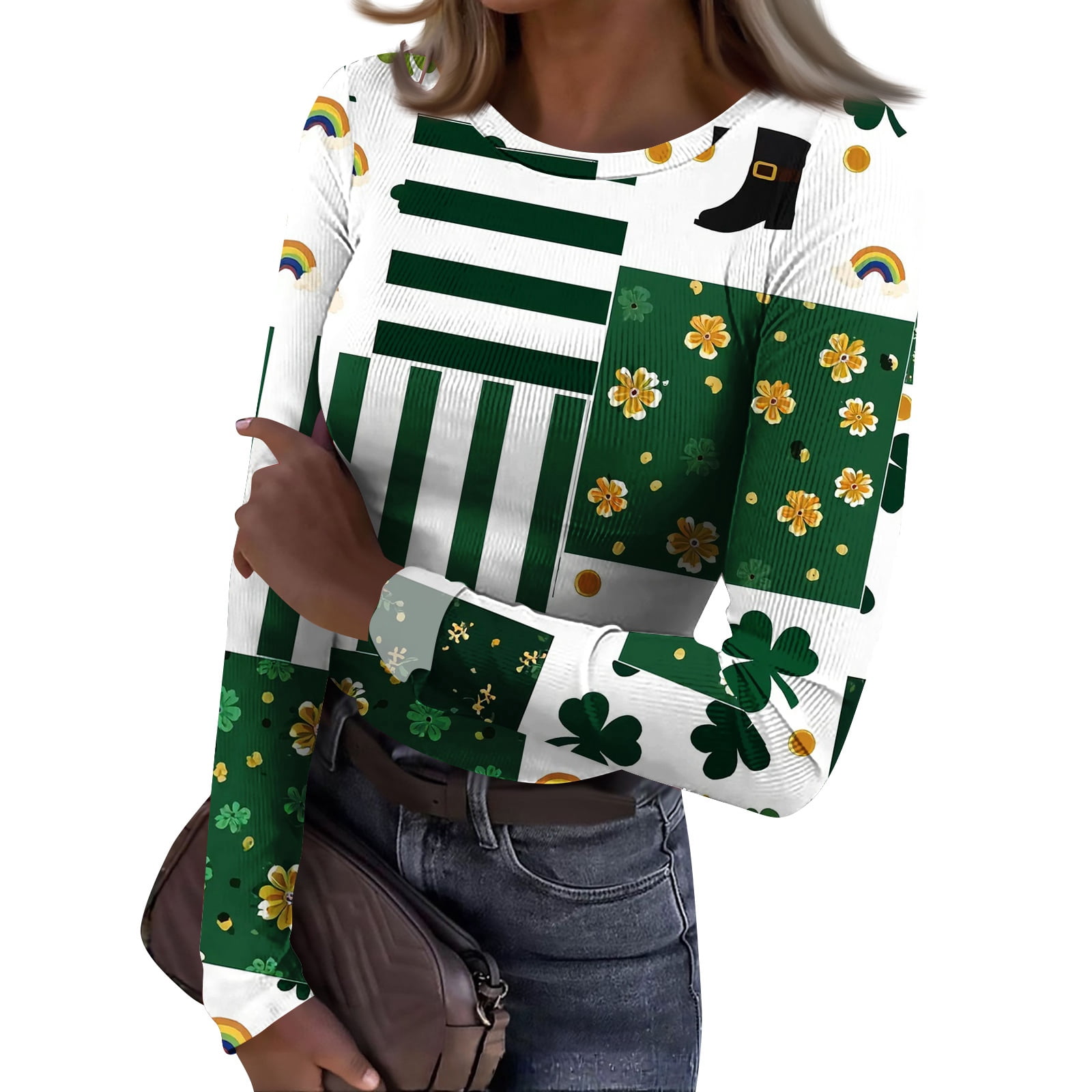 ASDFVBKG St Patrick's Day Tops for Womens Y2k Crew Neck Basic Long ...