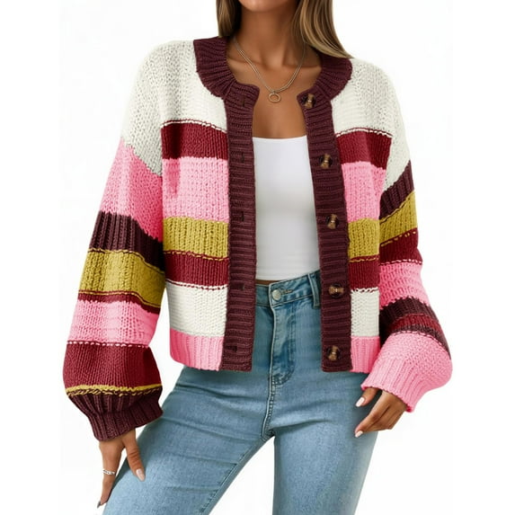ASDFVBKG Striped Cardigans for Women Color Block Long Sleeve Fashion ...