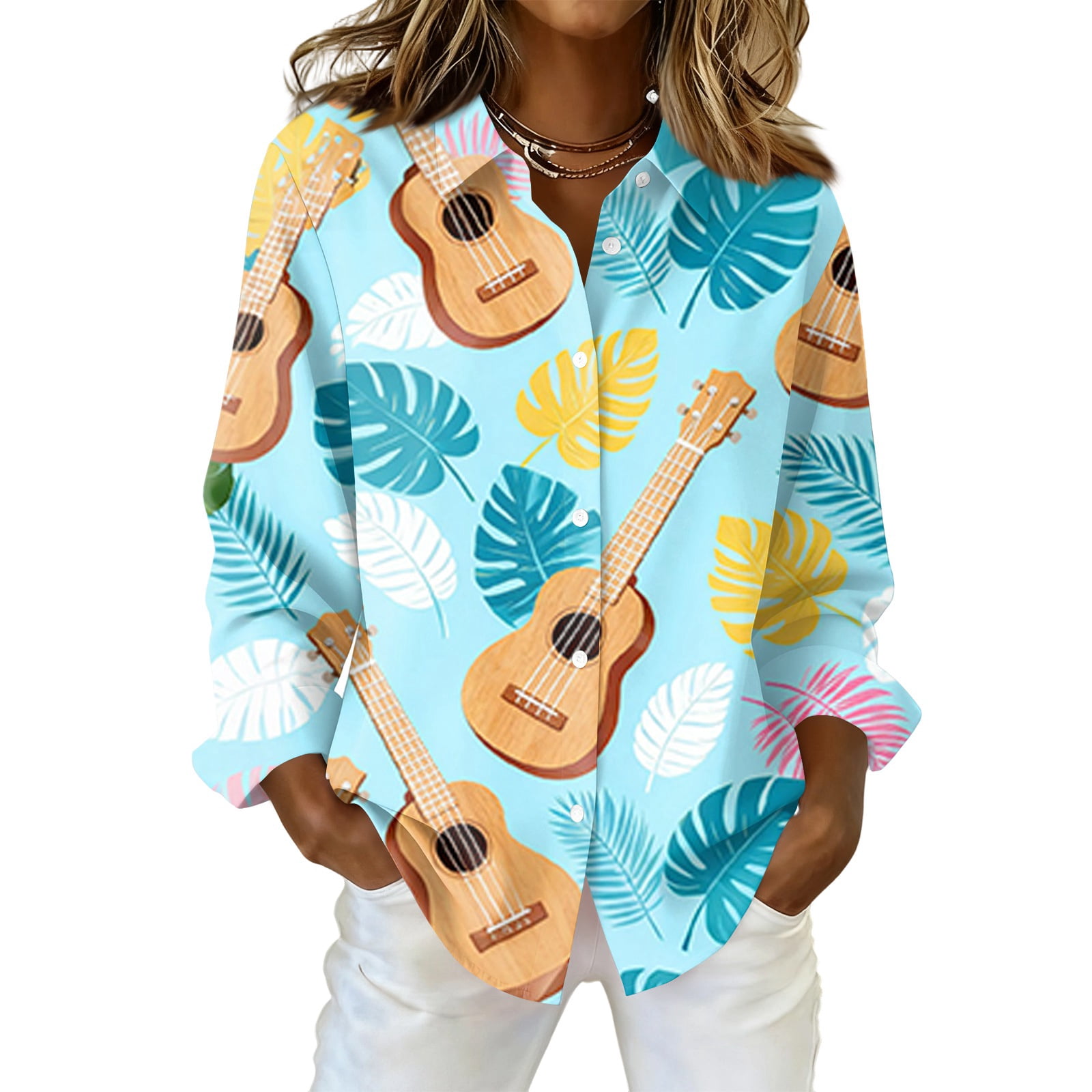 ASDFVBKG Summer Hawaiian Blouses for Women Casual Trendy Long Sleeve V ...